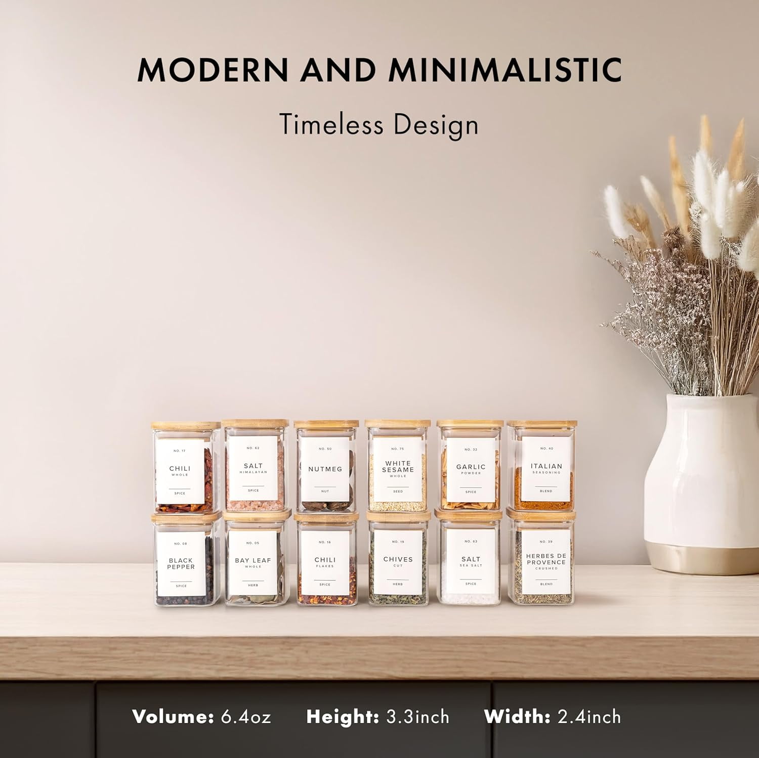 Glass Spice Jars with Label and Bamboo Lids (12 x 6.4oz) Spice ...