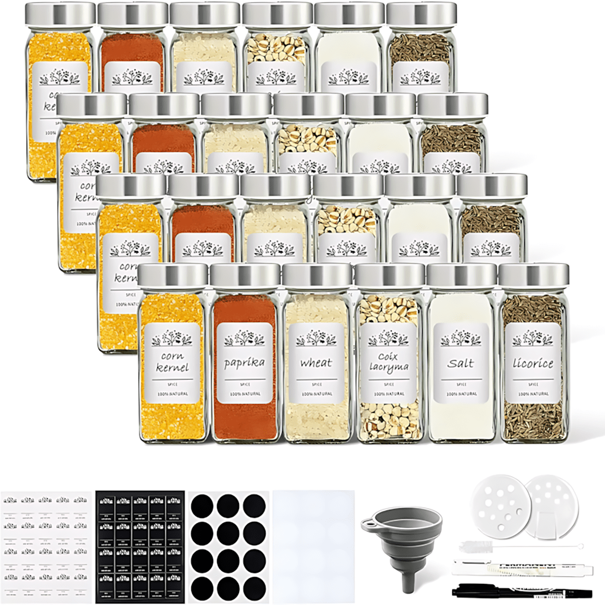 Glass Spice Jars with Label and Stainless Steel Lids (24 x 4oz) Spice ...