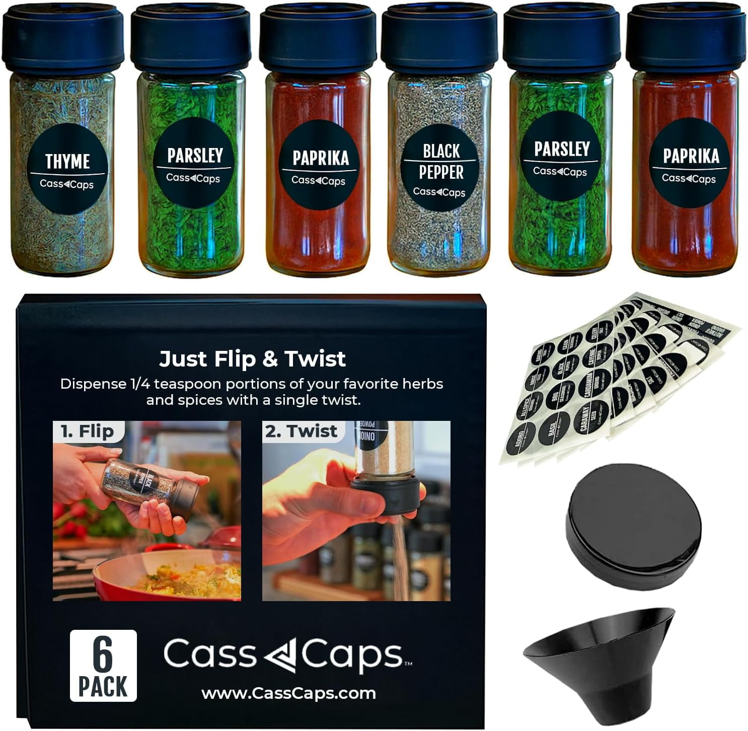 Glass Spice Jars & Measuring Cap Set - Twist to Dispense 1/4 Tsp Per ...