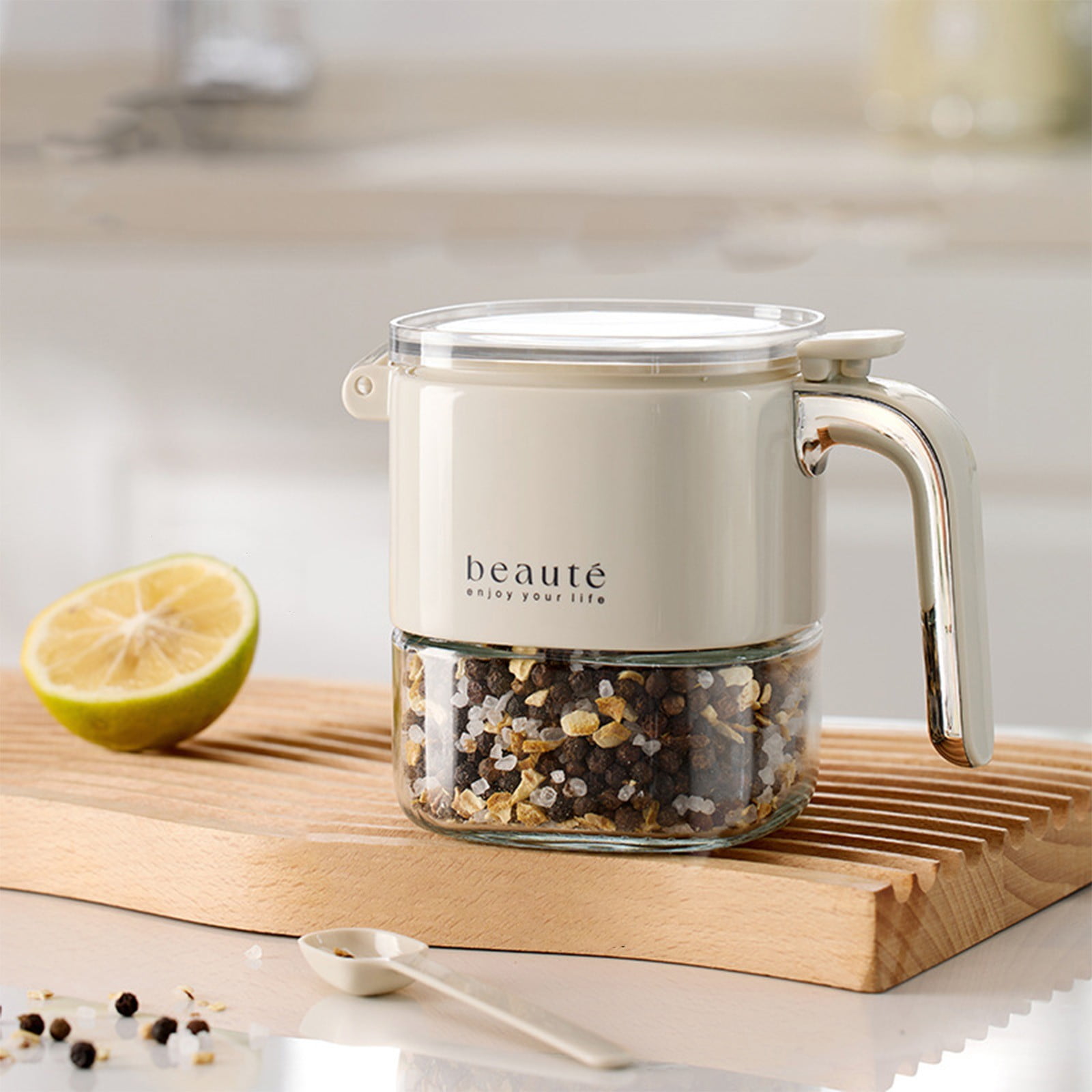 Glass Spice Jars with Spoons and Flapper Caps, 400ml Airtight ...