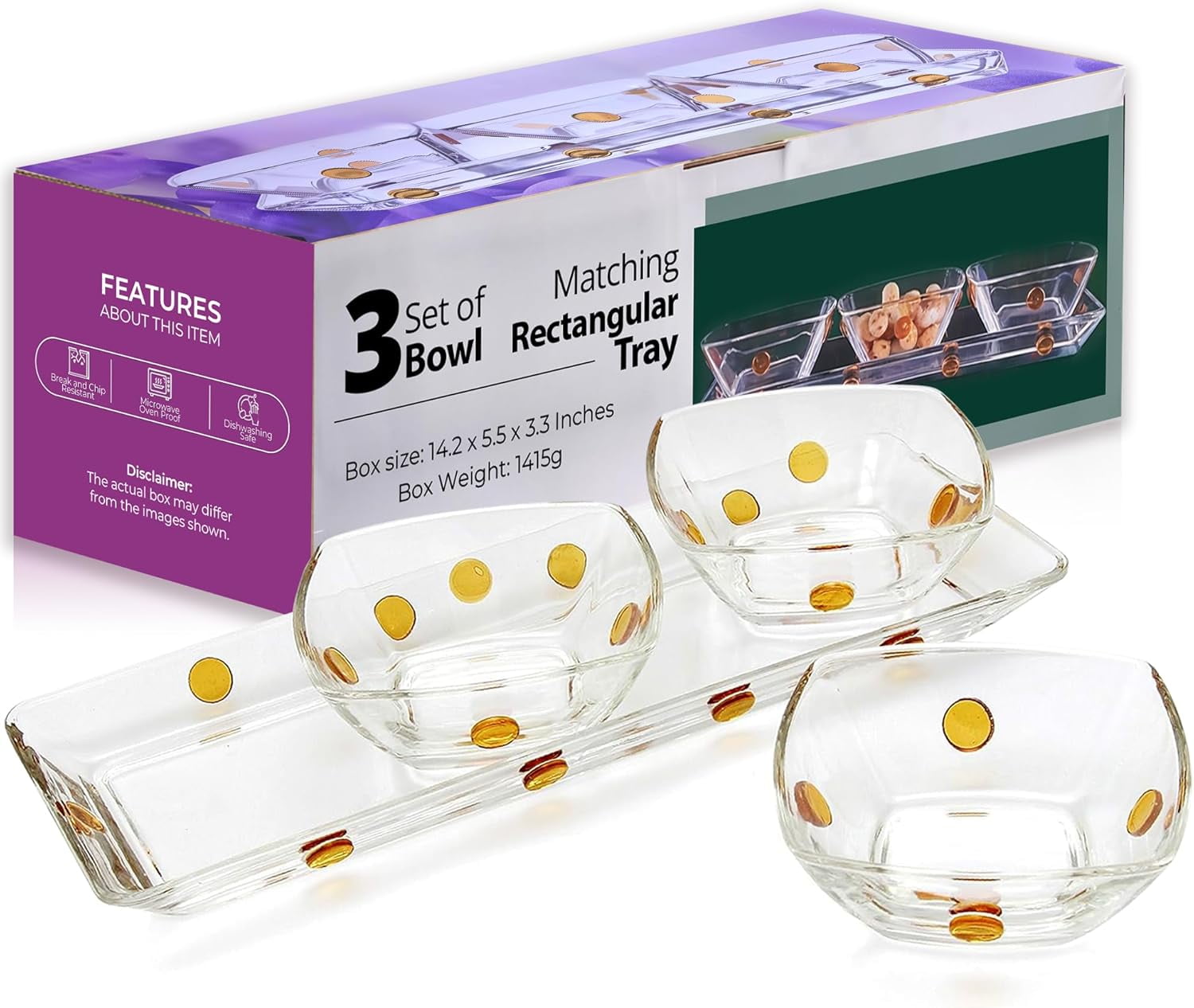Glass Square Bowls Set with Matching Rectangular Tray - 3-Piece ...