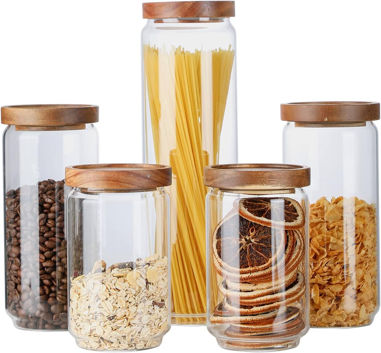 Glass Storage Jars with Wood Lid [Set of 5], Airtight Food Containers ...