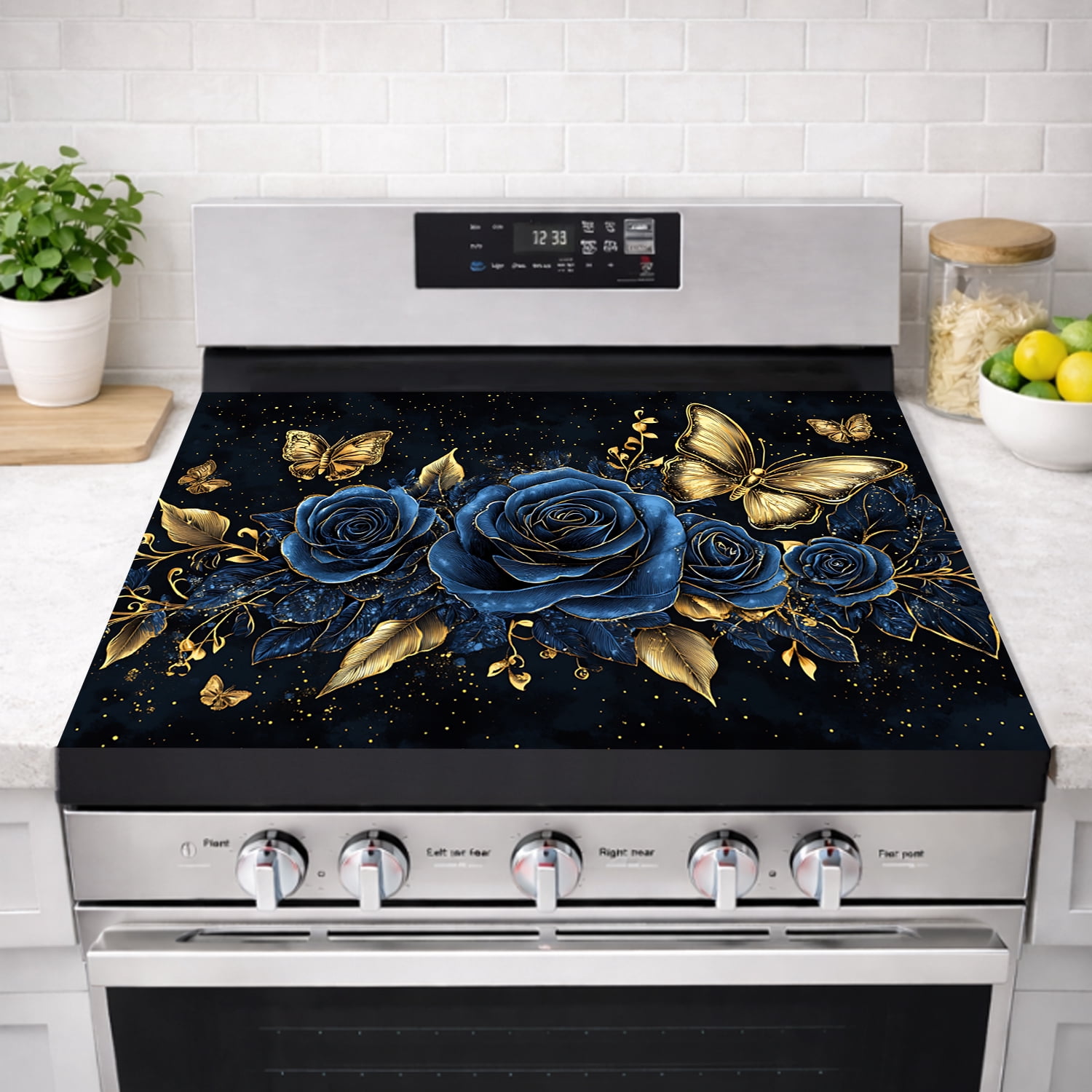 Glass Stove Top Cover 28 x 20 Inch - Rose Butterfly Design, Heat ...