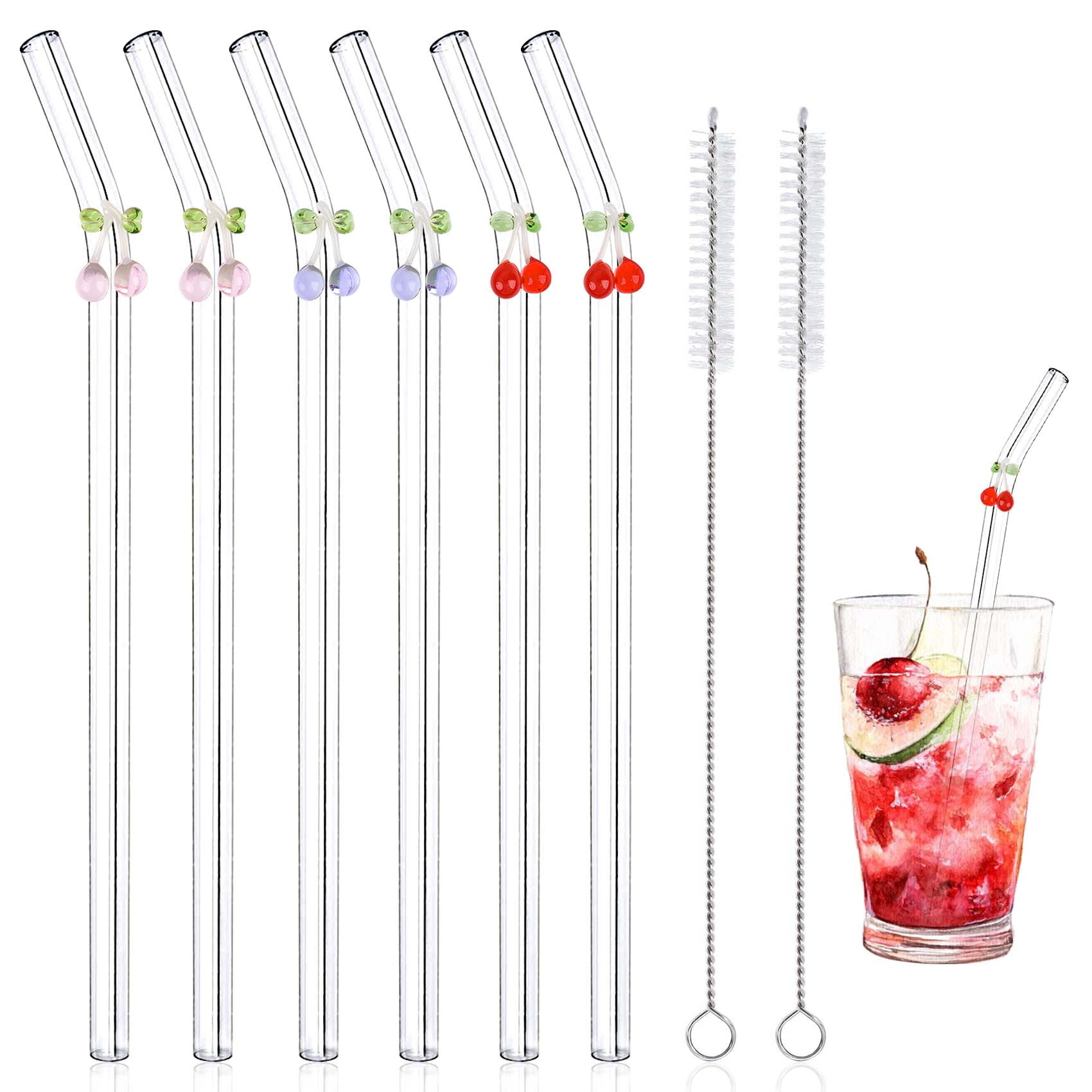 Glass Straws, 6 Pcs Reusable Cherry Clear Glass Straws with 2 Brushes ...