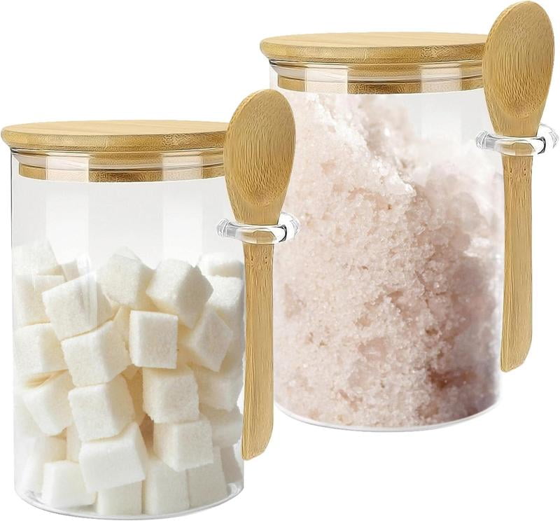 Glass Sugar Container with Spoon - 2 Pack 15oz Glass Jars with Bamboo ...