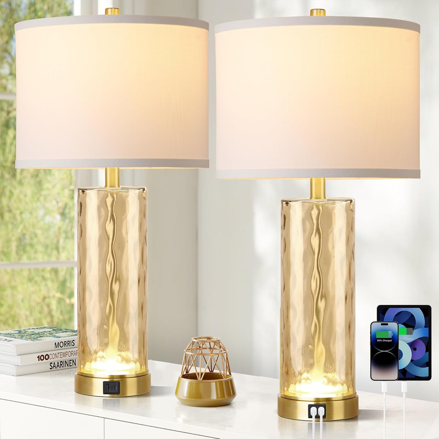 Glass Table Lamps Set of 2,Morden Beside Lamp with USB A+C Ports,4-Way ...
