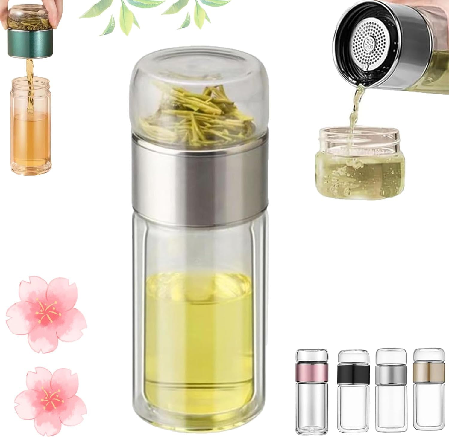 Glass Tea Infuser, 3-in-1 Smart Tea Infuser Bottle with Double Layered ...