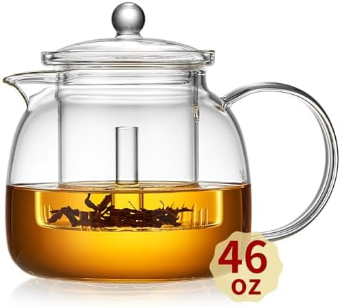 Glass Teapot with Infuser and Lid 46 fl oz/1350ml, Heat Resistance ...