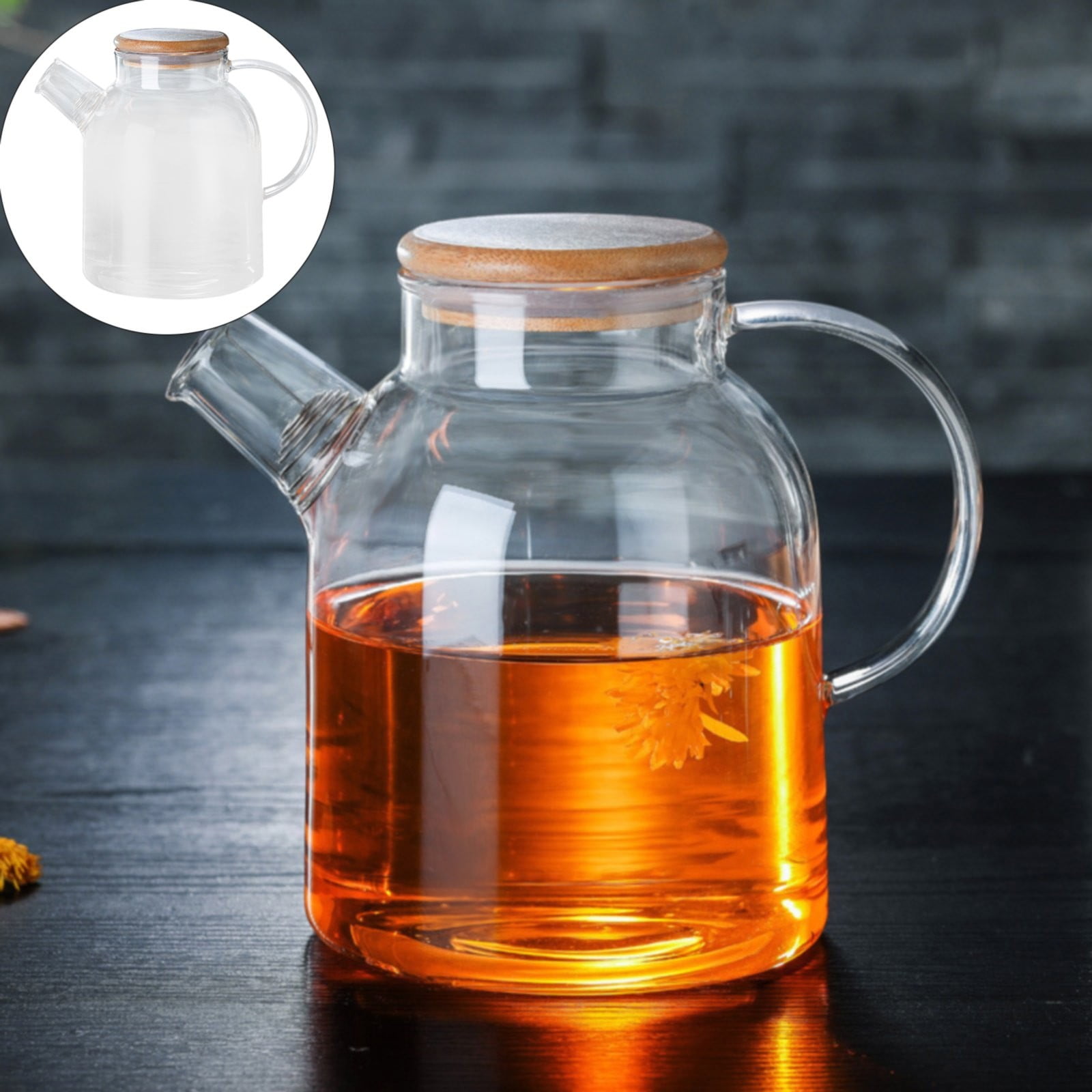 Glass Teapot Kettle 1.6L Cold Water Kettle Round Belly Pot (Full Bamboo ...