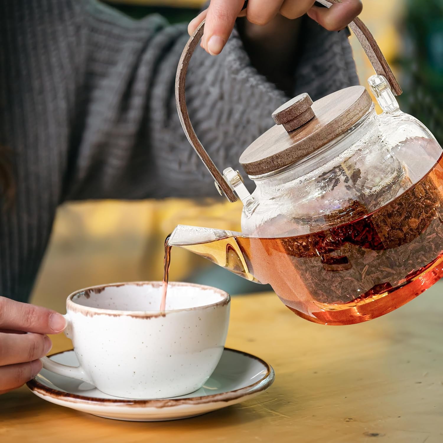 Glass Teapot Stovetop with Wooden Stand - Borosilicate Glass Kettle ...