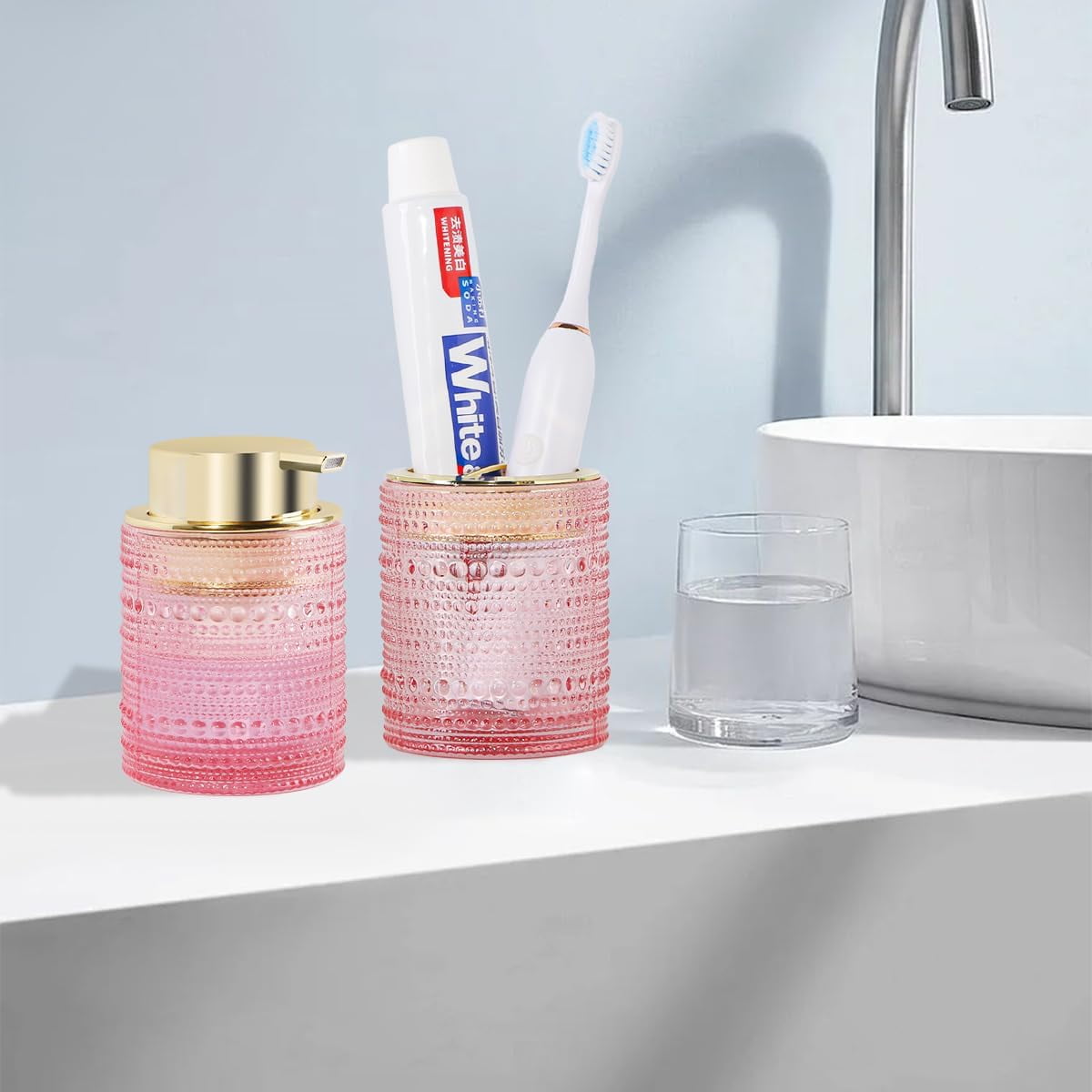 Glass Toothbrush Holder,Pink Toothbrush and Toothpaste Holder Set ...