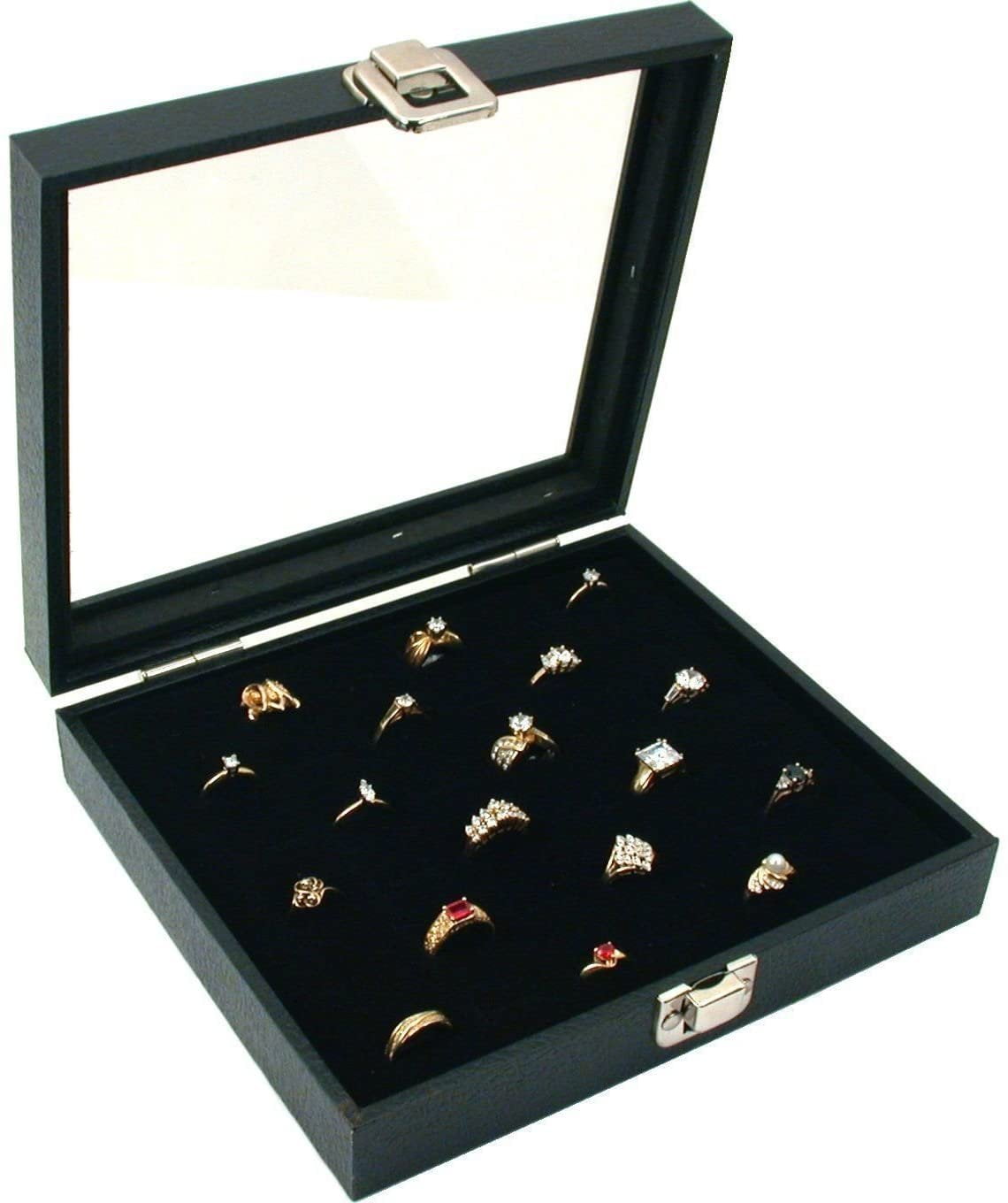 Glass Top Black Jewelry Display Case with 36 Slot Black Ring Display ...