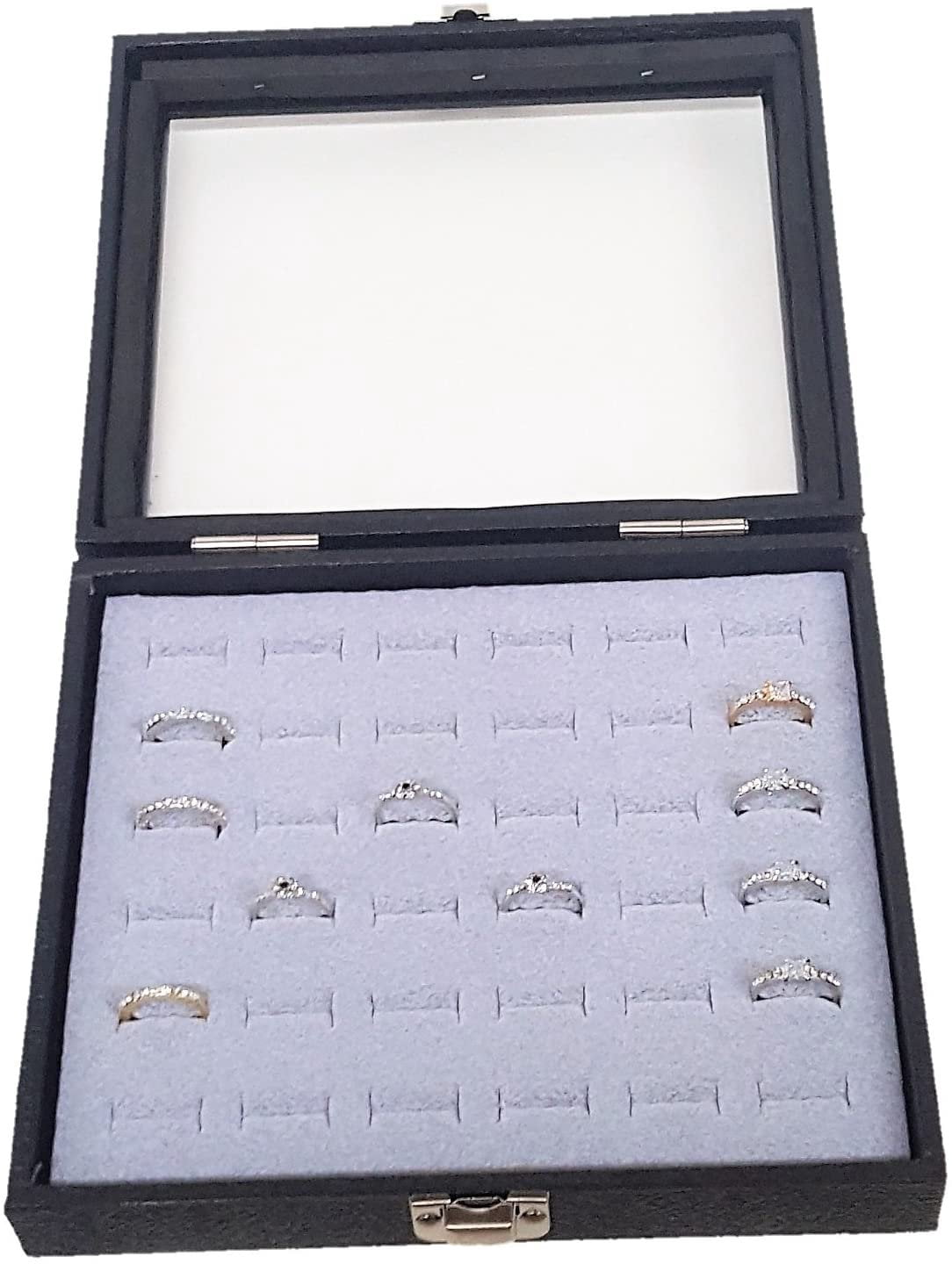 Glass Top Black Jewelry Display Case with 36 Slot Silver Grey Ring ...
