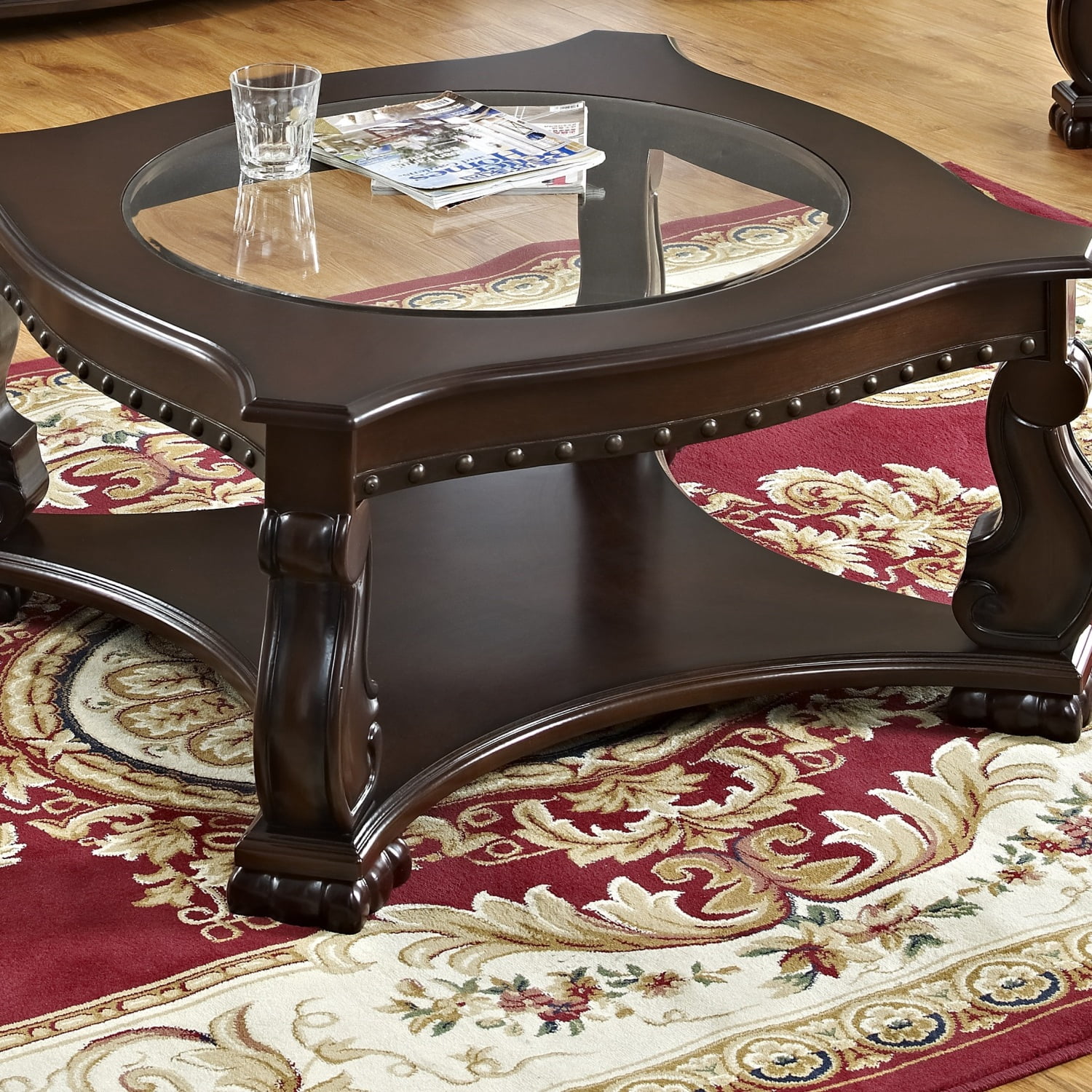 Glass Top Coffee Table Brown Base Lower Display Shelf Ornate and ...