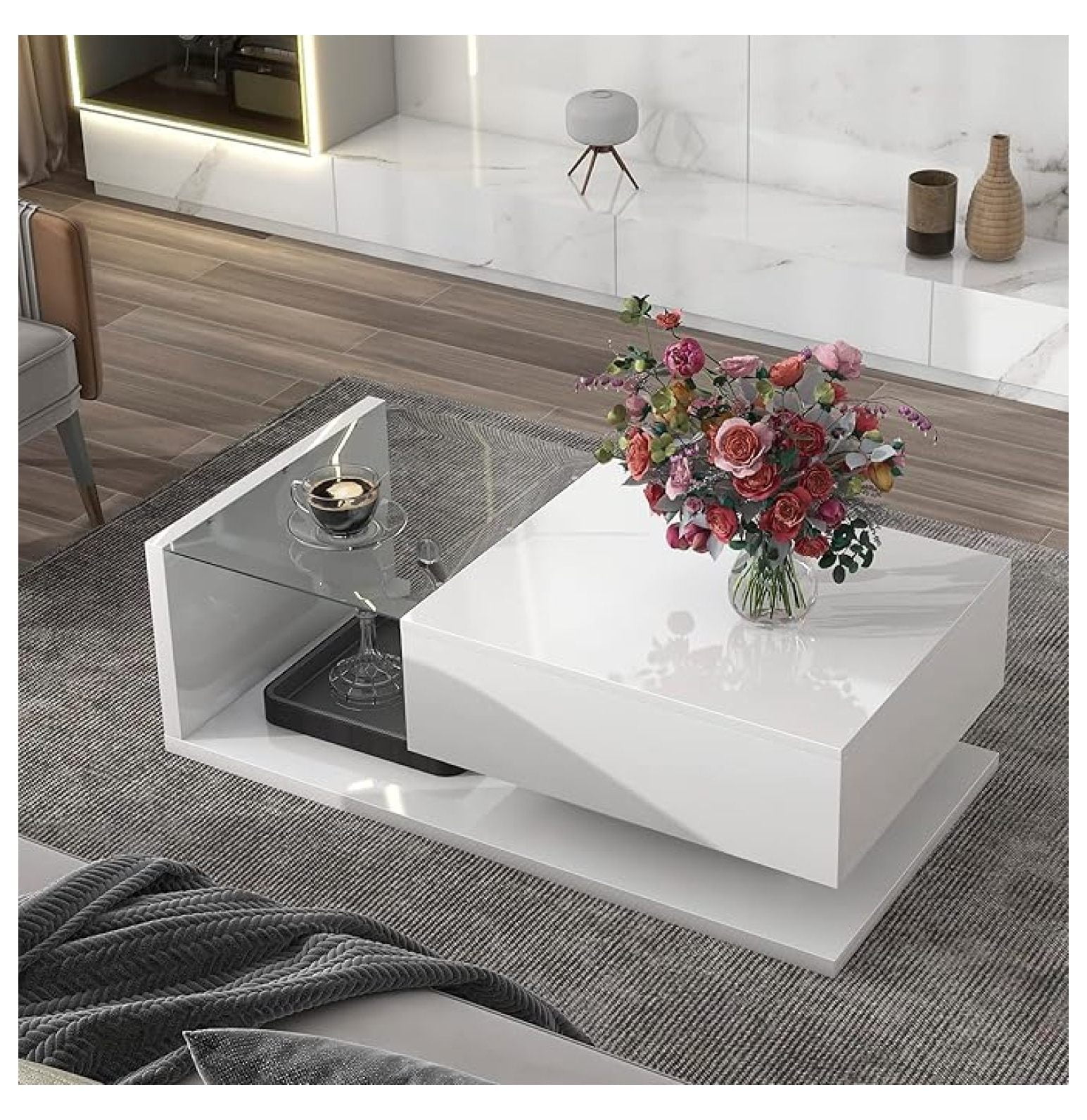 Glass-Top Coffee Table with High-Gloss UV Surface, 2-Tier Rectangle ...