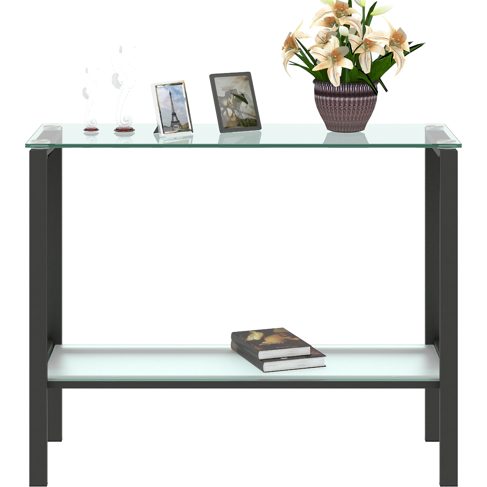 Elegant Glass Top Console Table, Black Entryway, Narrow Sofa Table with ...
