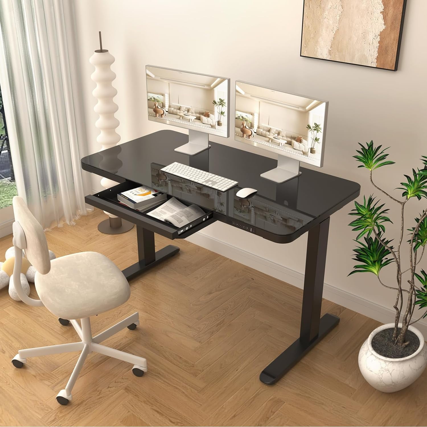 Glass Top Electric Standing Desk with Drawers Height Adjustable Sit ...