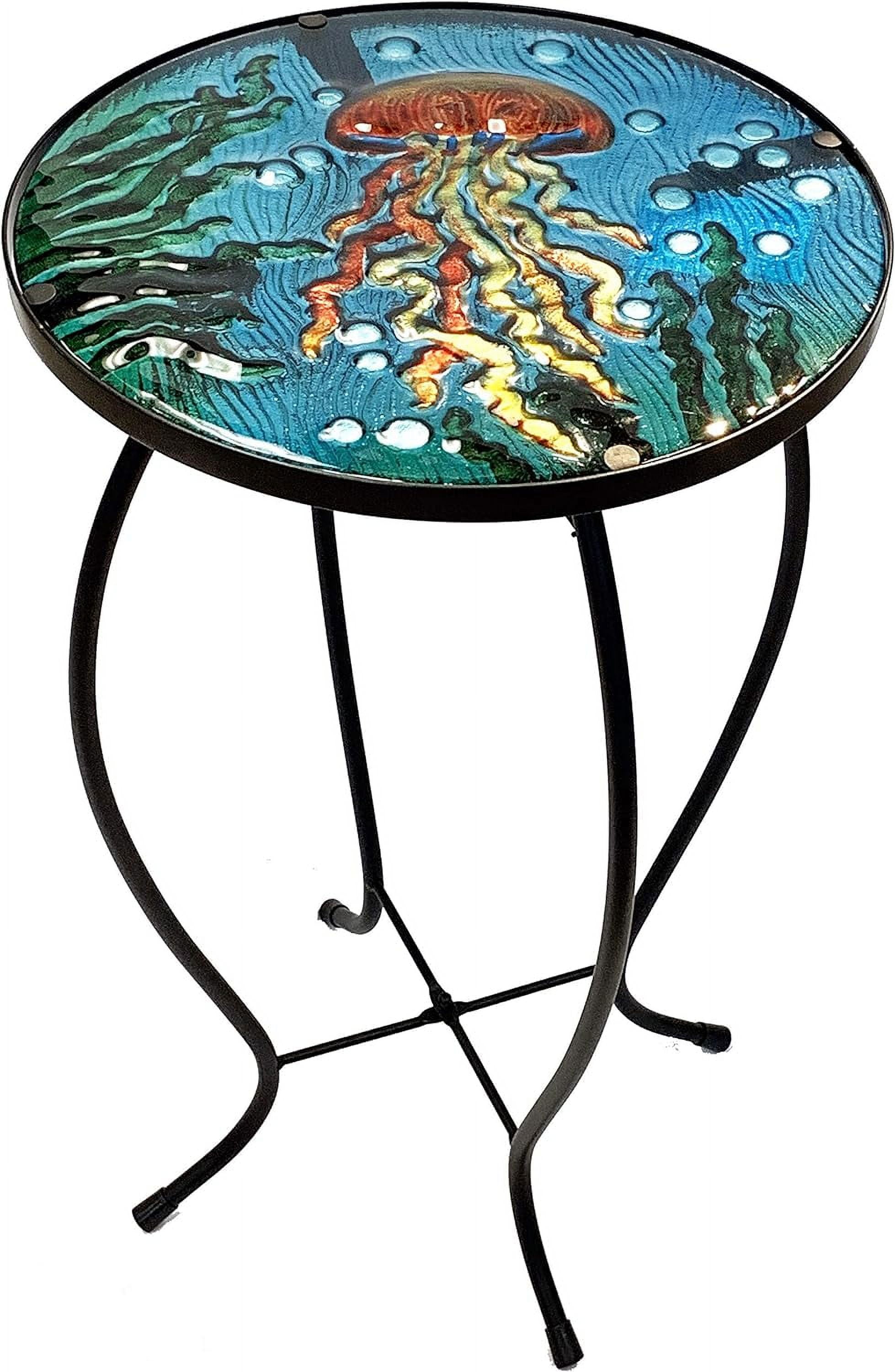Glass Top Hand Painted Nautical Outdoor Accent Side Round Table ...