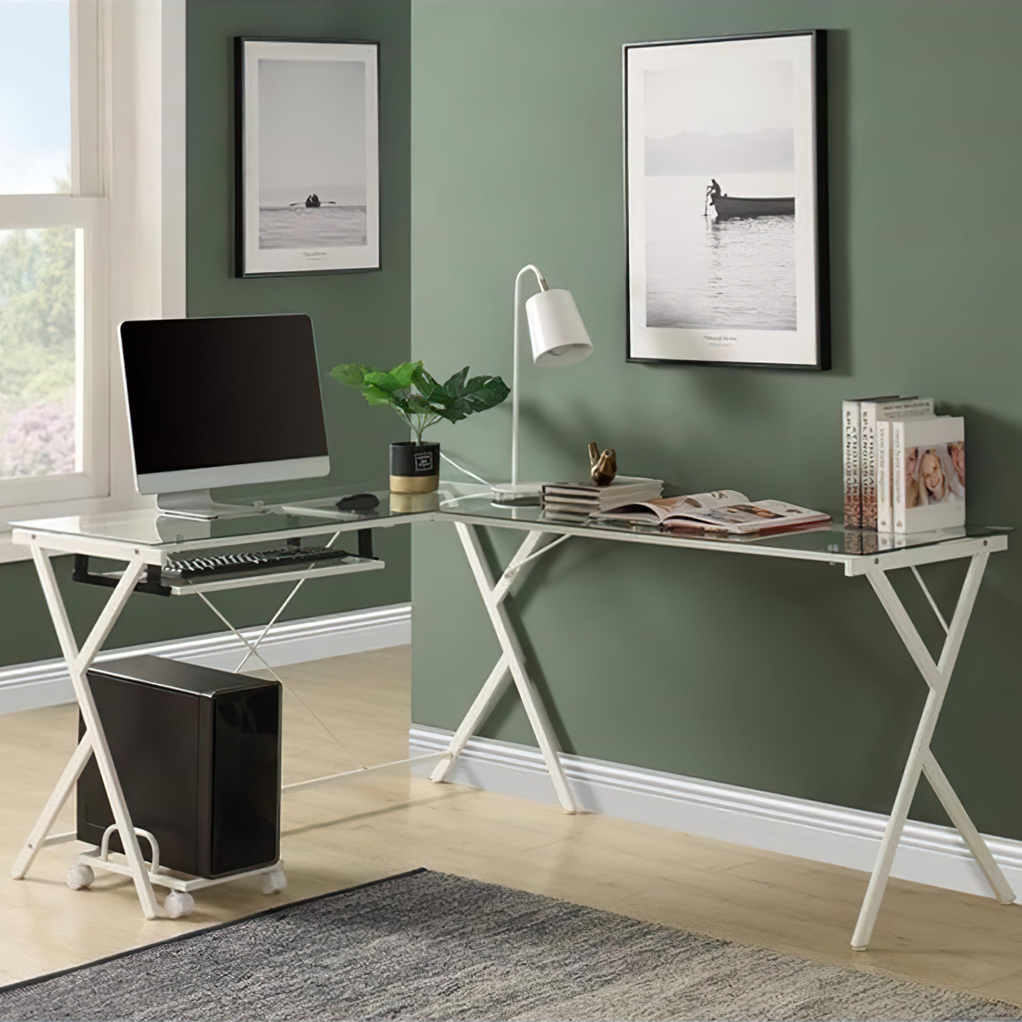 Glass Top L-Shaped Computer Desk with Holder in Clear and White ...