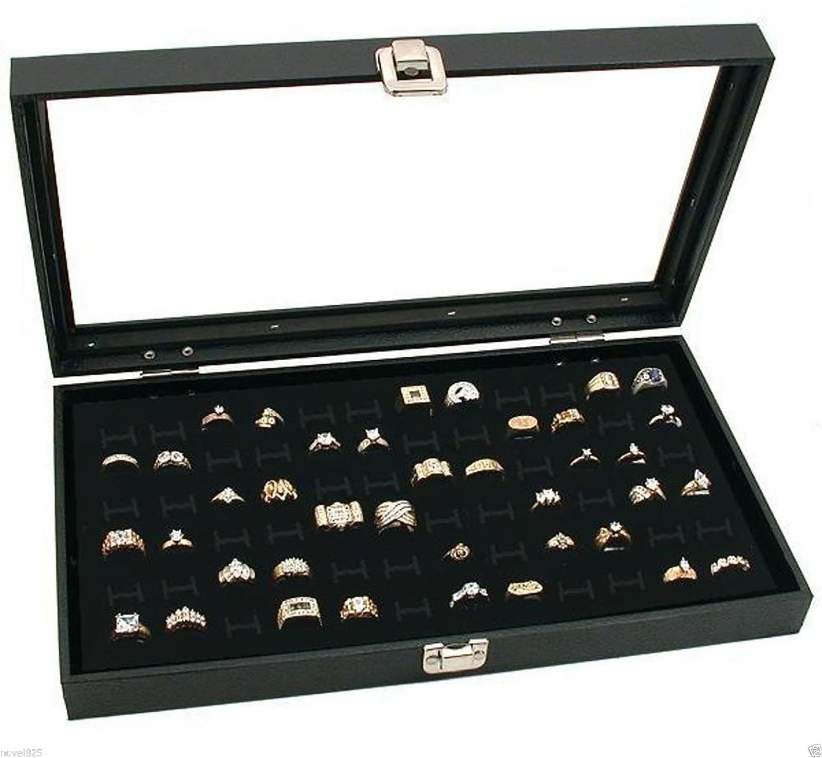 Novel Box Glass Top Black Ring Holder, Velvet Insert, 72 Ring Slots ...