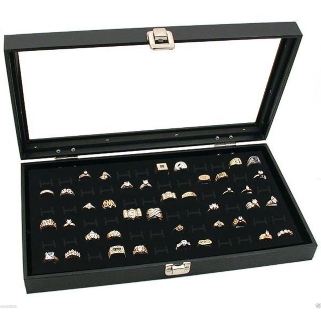 Glass Top Lid 72 Ring Black Showcase Jewelry Display Storage Organizer ...