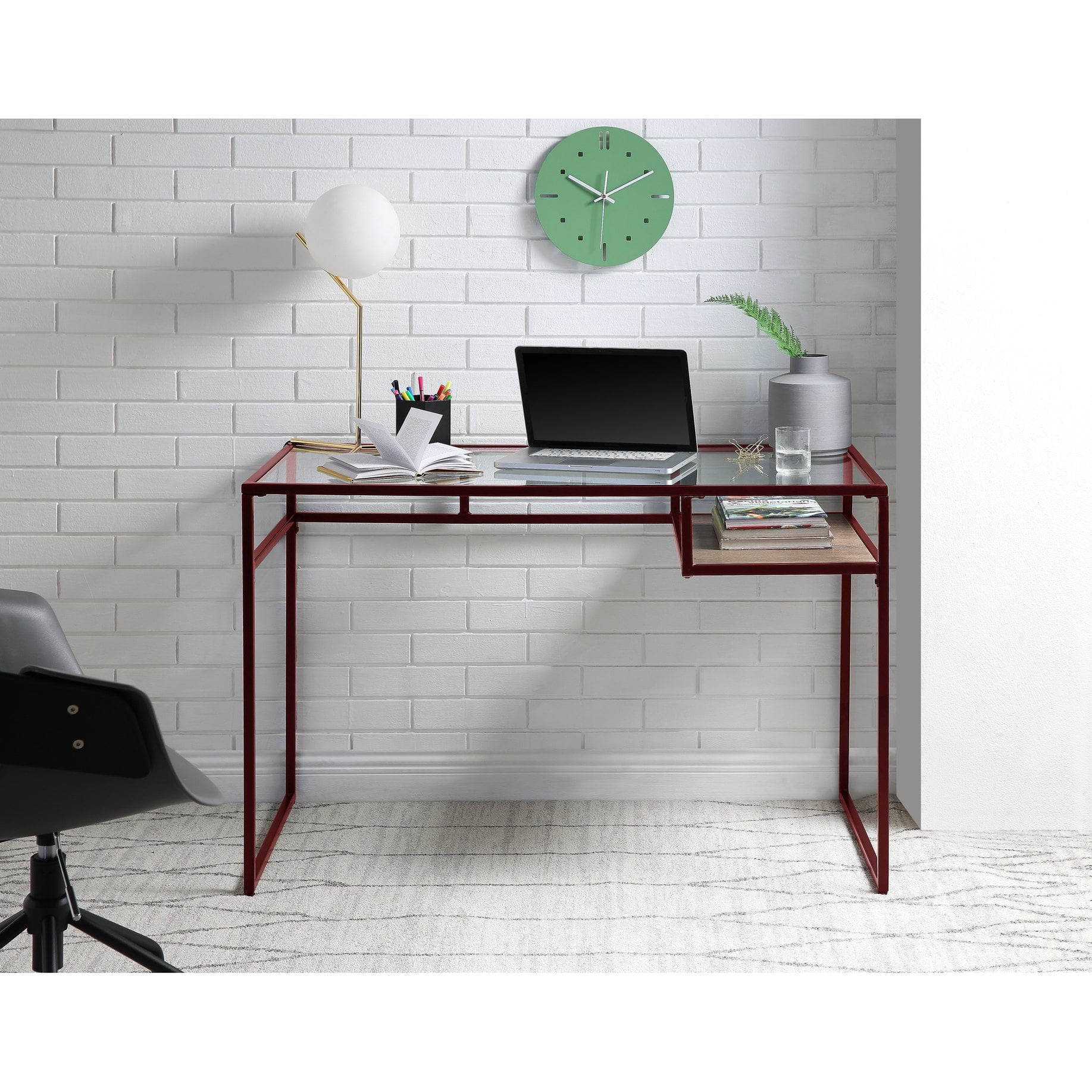Glass Top, Metal Sled Base - Writing Desk with Fixed Shelf - Bedroom ...