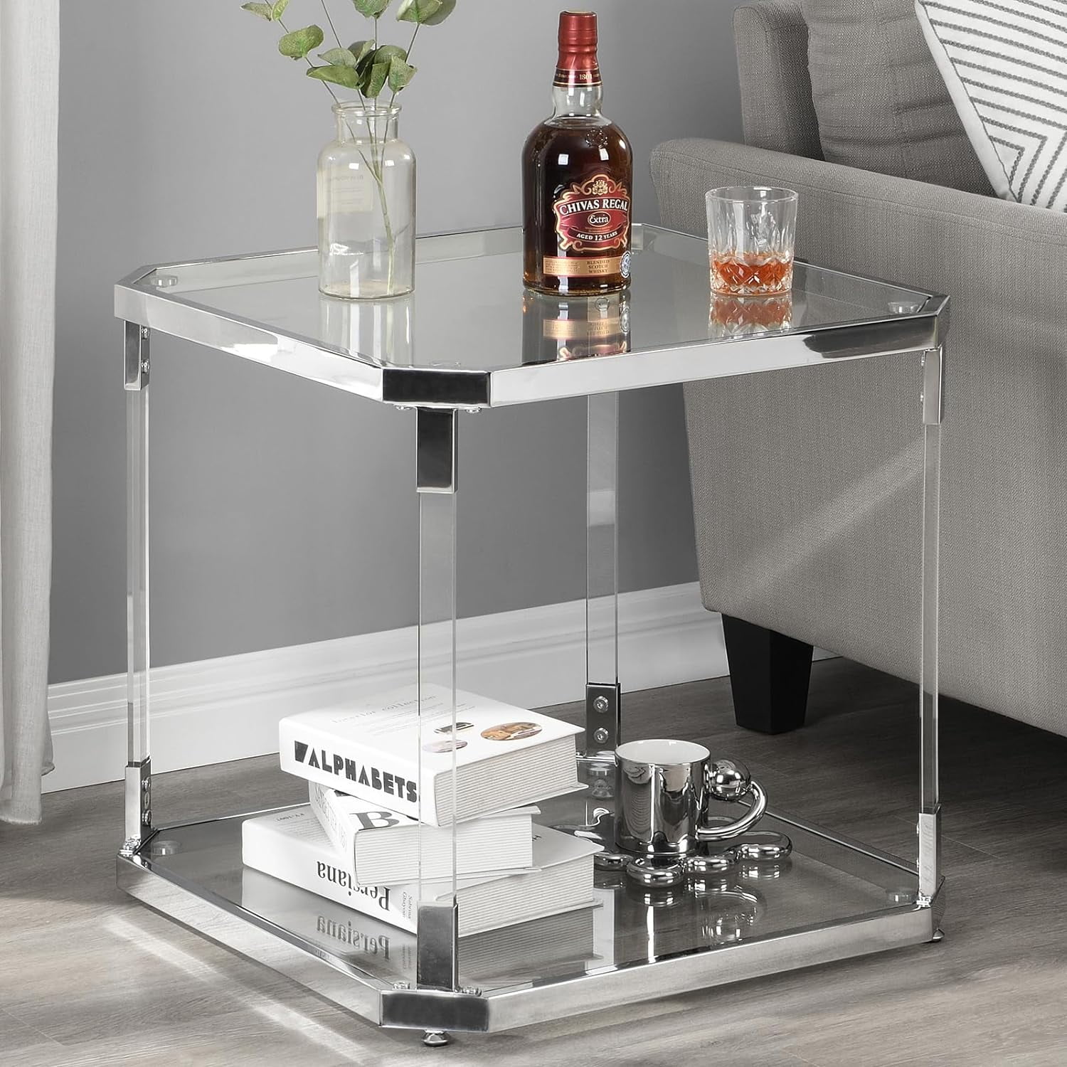Glass Top Side Table - Silver Square Glass Top End Table Clear Acrylic ...