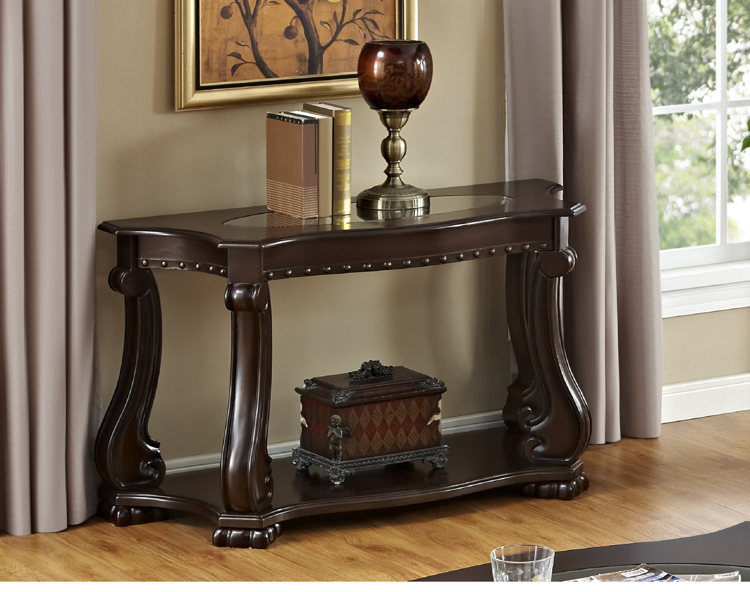 Glass Top Sofa Table Brown Base Lower Display Shelf Ornate and Sweeping ...