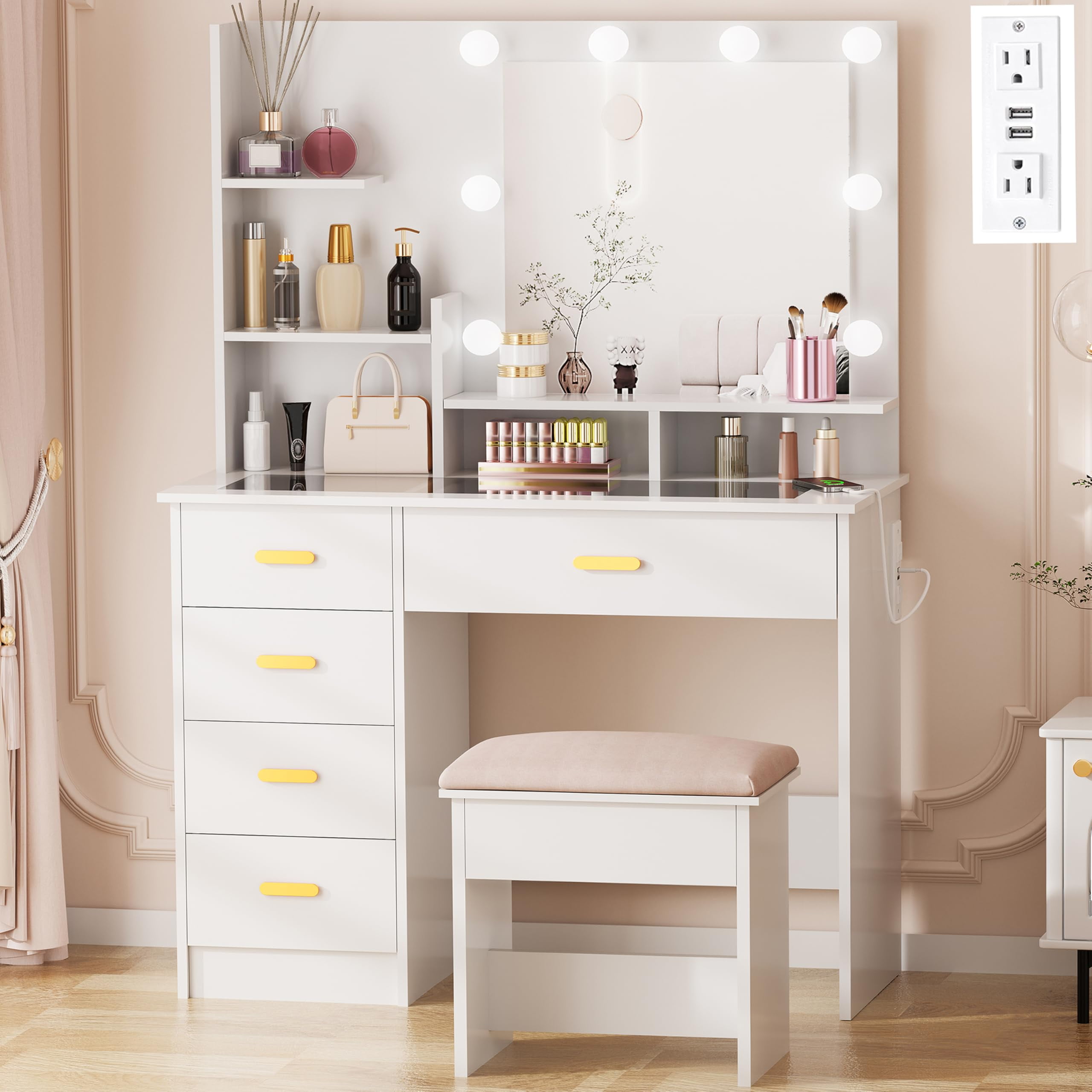 Glass Top Vanity Desk with LED Mirror and Lights, 35.5 Inch Makeup ...