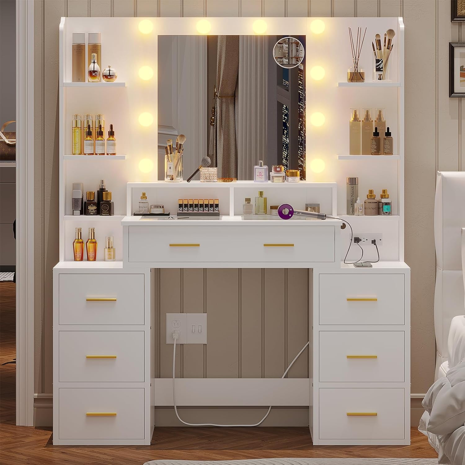 Glass Top Vanity Desk with Mirror and Lights, Makeup Vanity with Lights ...