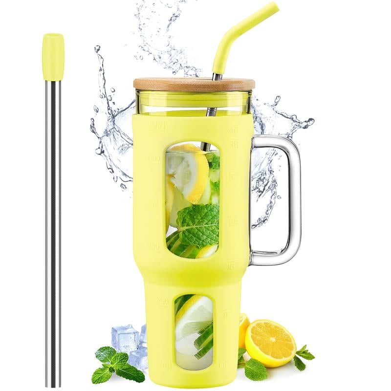 Glass Tumbler with Lid and Straw, 46 oz Iced Coffee Cup with Handle ...