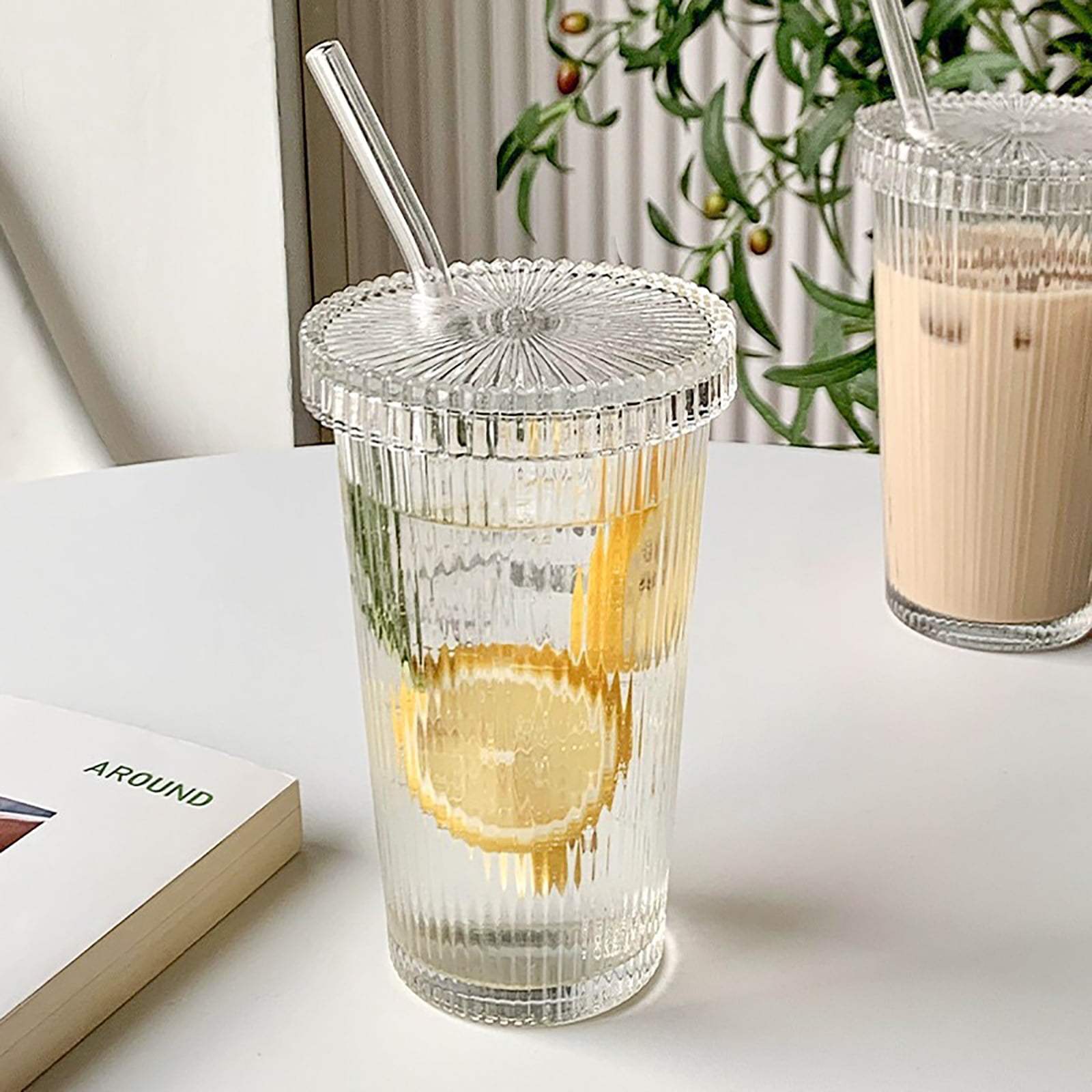 Walmart Glass Tumbler Stripe Cup with Lid and Straw, Ideal for Hot ...