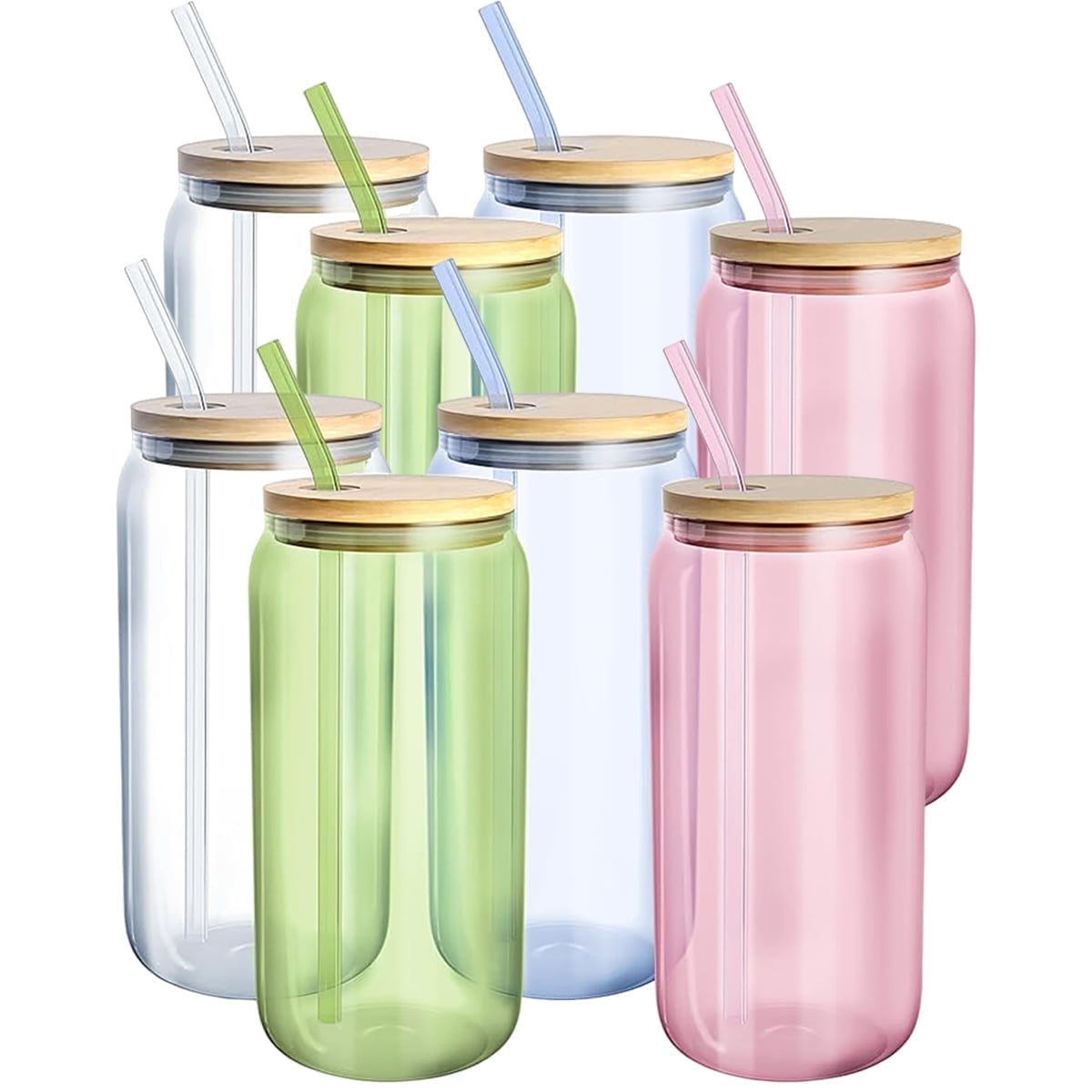 16 Oz Glass Tumblers with Lids and Straws - Reusable Multicolor Iced ...
