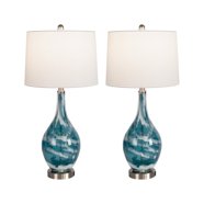 Partphoner 3-Way Dimmable Blue Glass Table Lamps Set of 2 with Dual USB ...