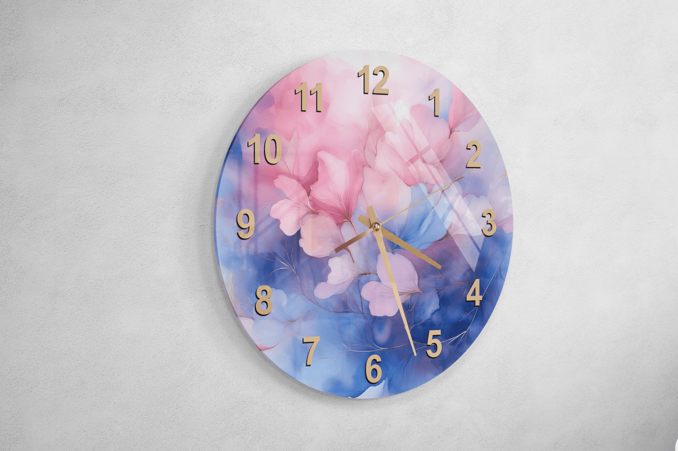 Glass Wall Clock, Decorative Tempered Glass Watercolor Pink and Blue ...