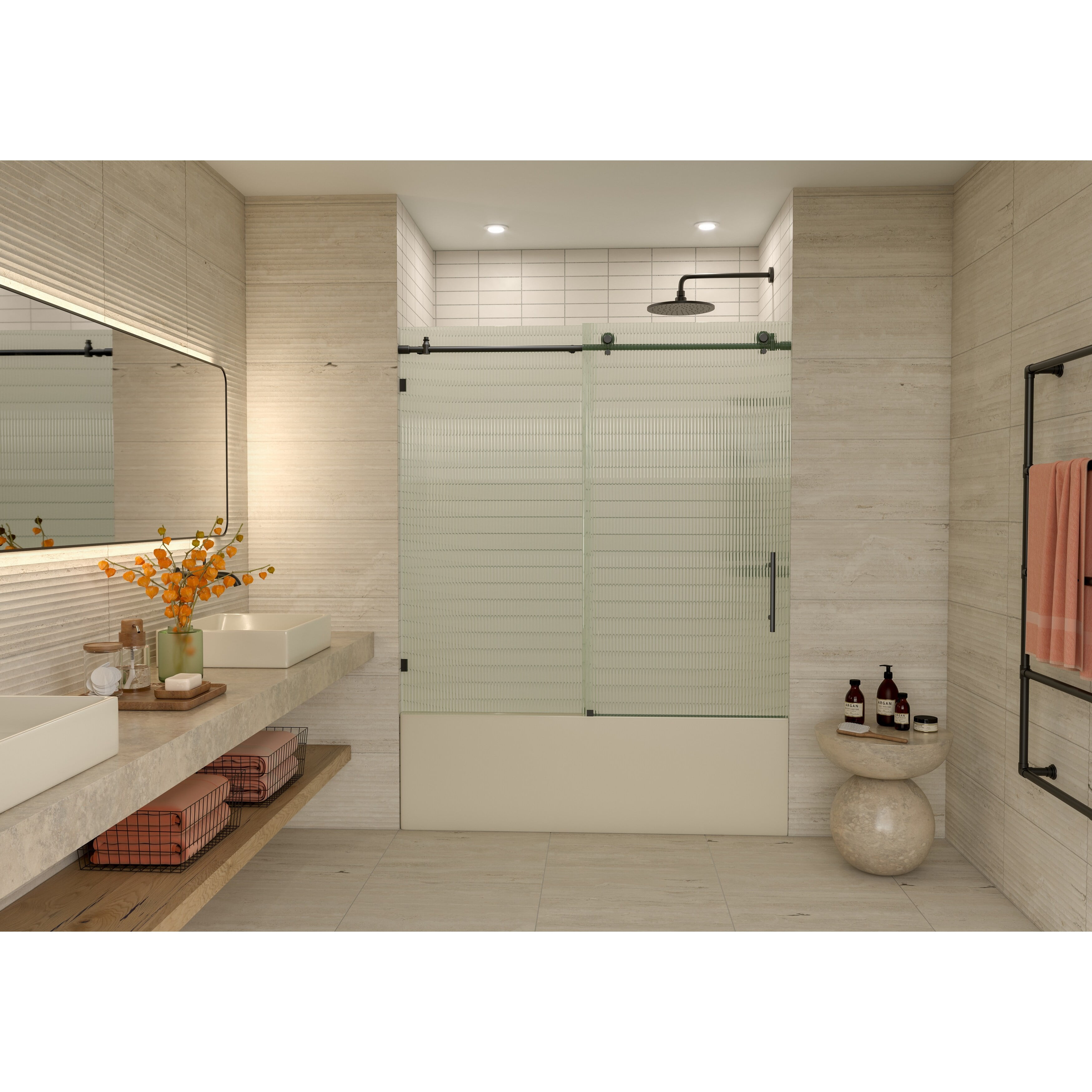 Glass Warehouse Galaxy 60 in. x 60 in. Fully Frameless Fluted Glass Sliding Bathtub Doors ...