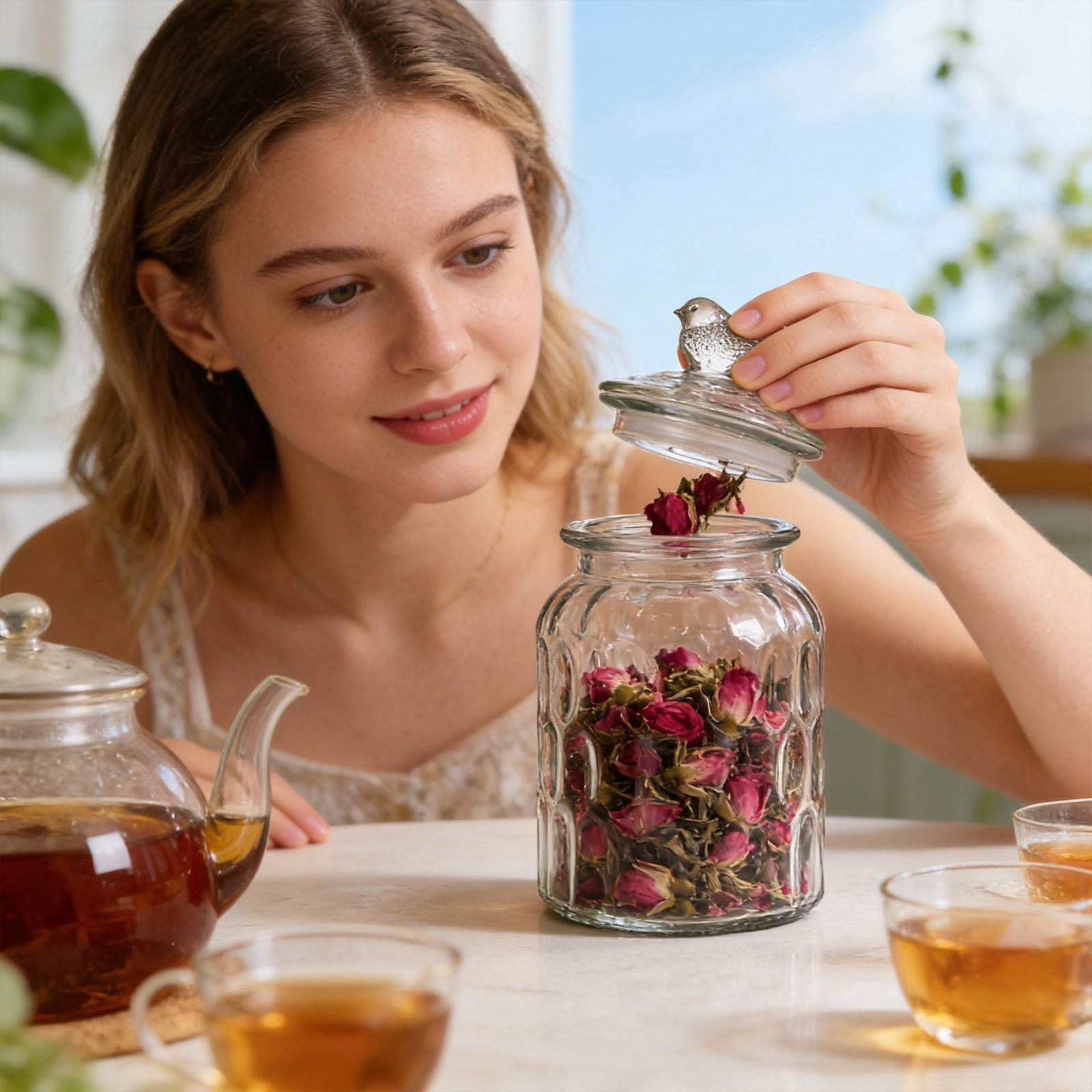 Glass Water Droplet Jar Bird Shaped Lid Tea Biscuit Storage Container ...