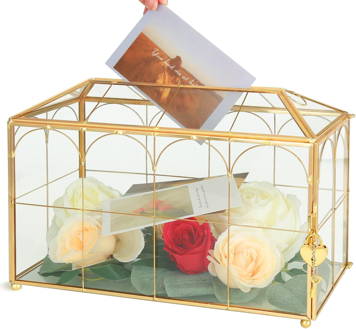 Glass Wedding Card Box with Lock, 12.6x5.9x9 inches Large Gold Card ...