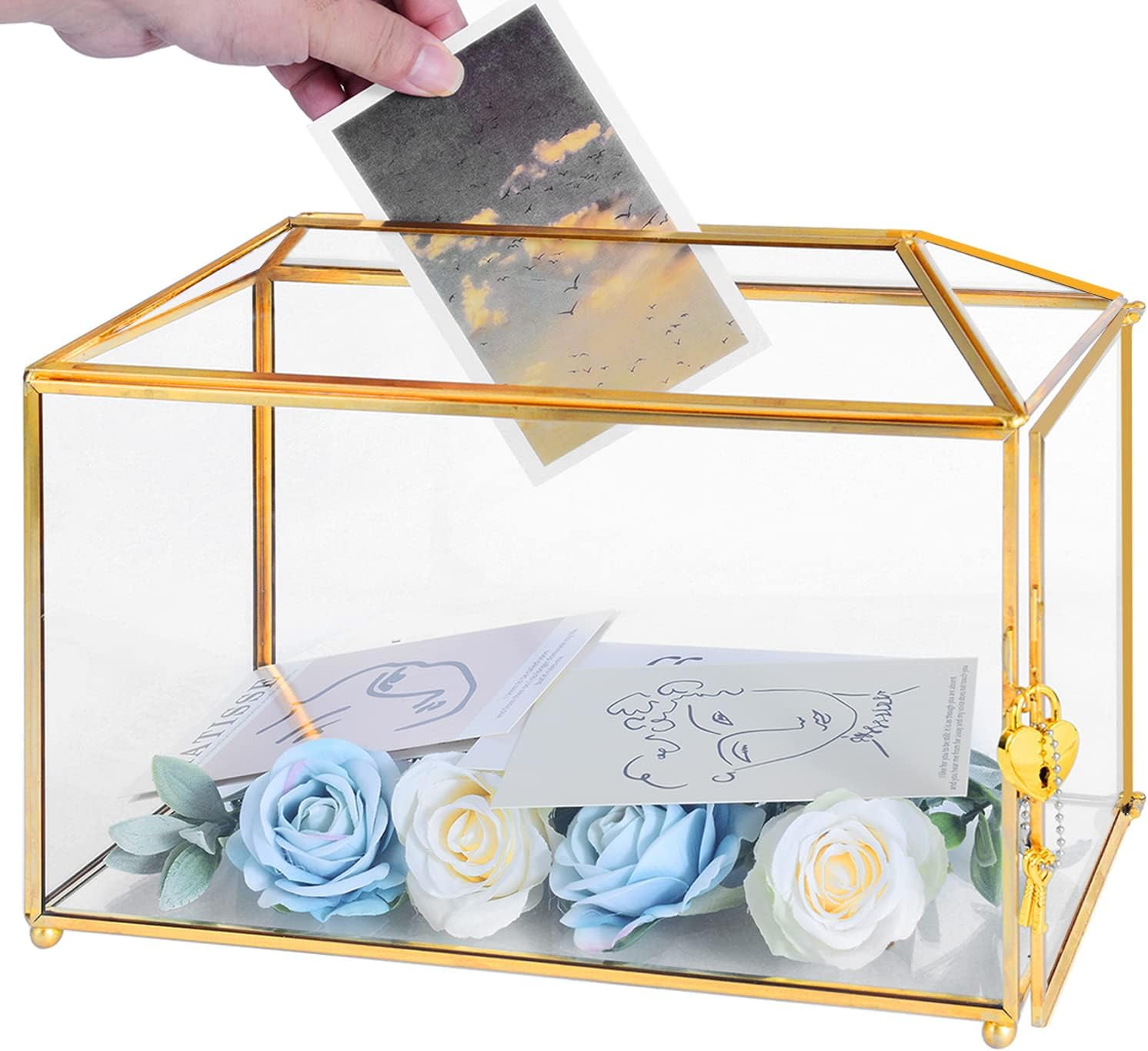 Glass Wedding Card Box with Lock, 12.6x5.9x9 inches Large Gold Card ...