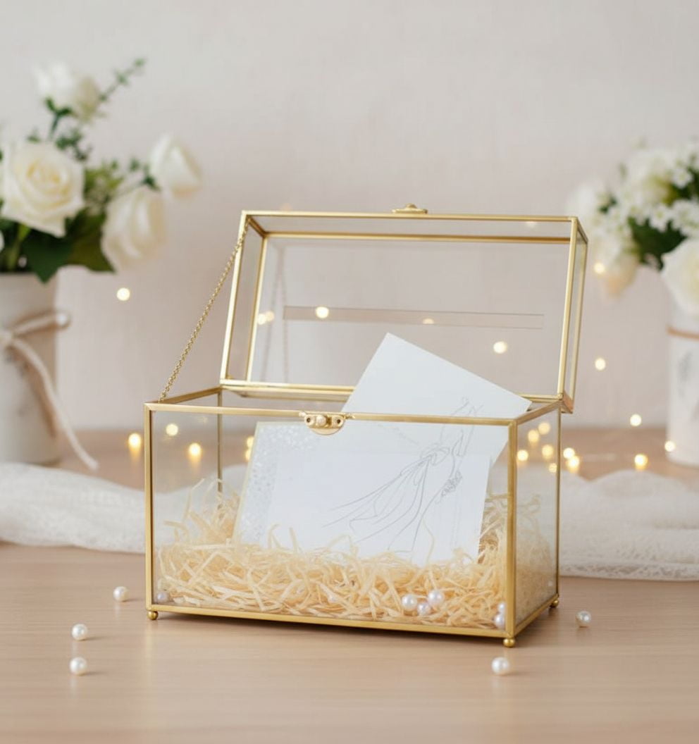 Glass Wedding Card Box with Slot, Large Clear Card Box Gold Brass Gift ...