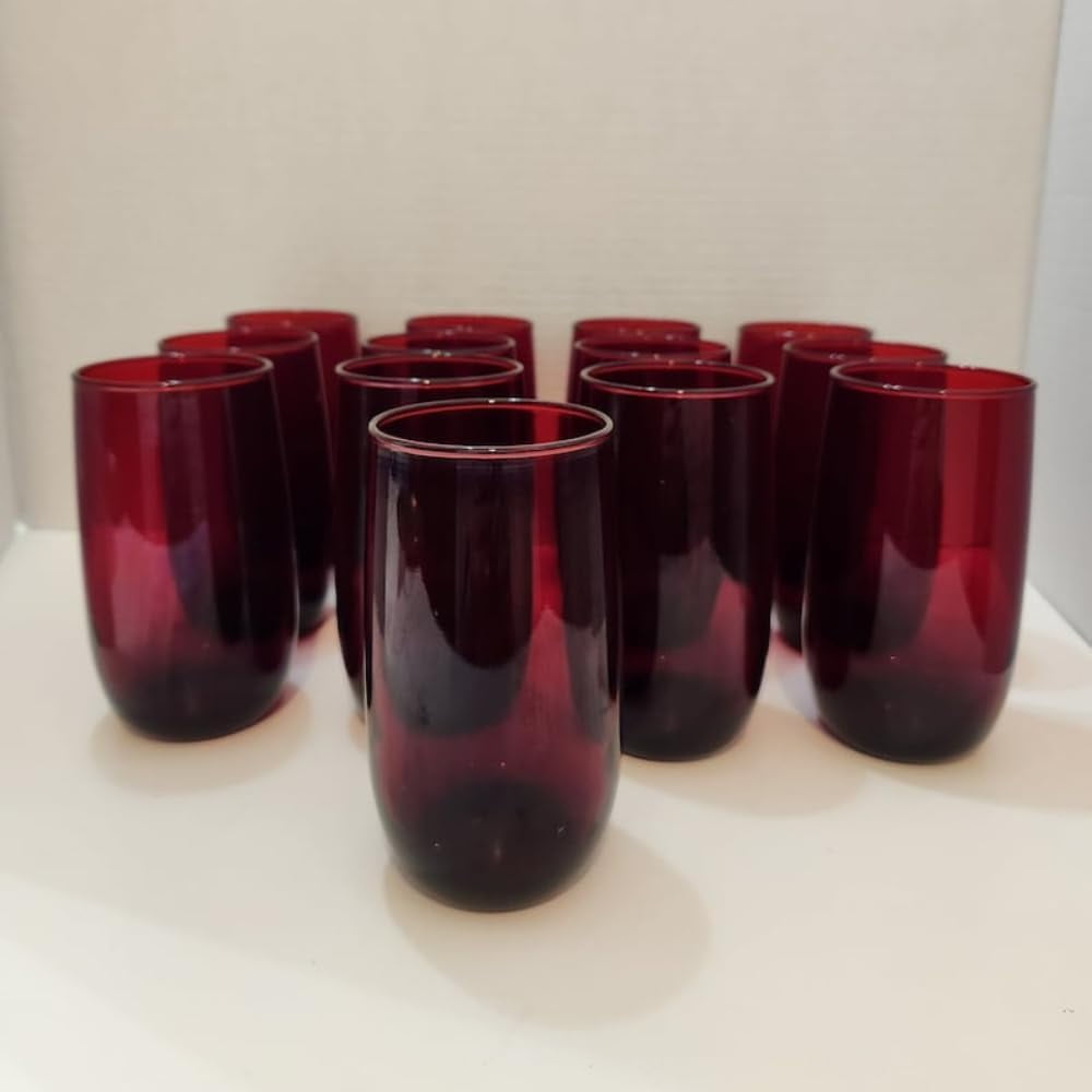 Glass Wine Cup, Set of 13 Vintage Ruby Red Glass Tumblers, Red Depression Glass Cups, Stemless ...