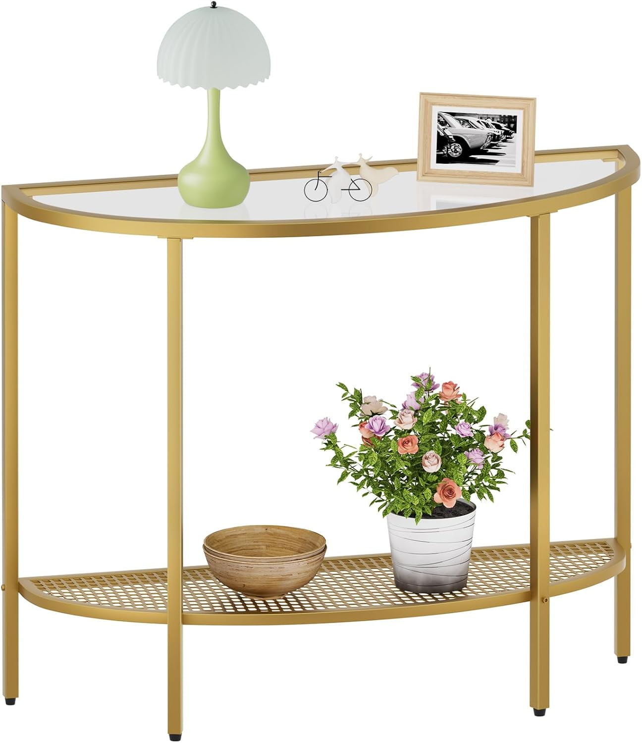 Glass crescent shaped console table with narrow entrance table, equipped with a gold metal frame ...