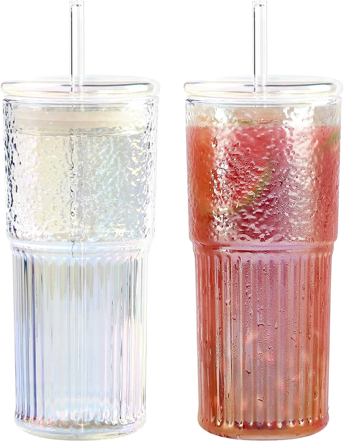 Glass cup with lid and straw, 20 ounce glass drinking can, transparent iced coffee cup, vintage ...