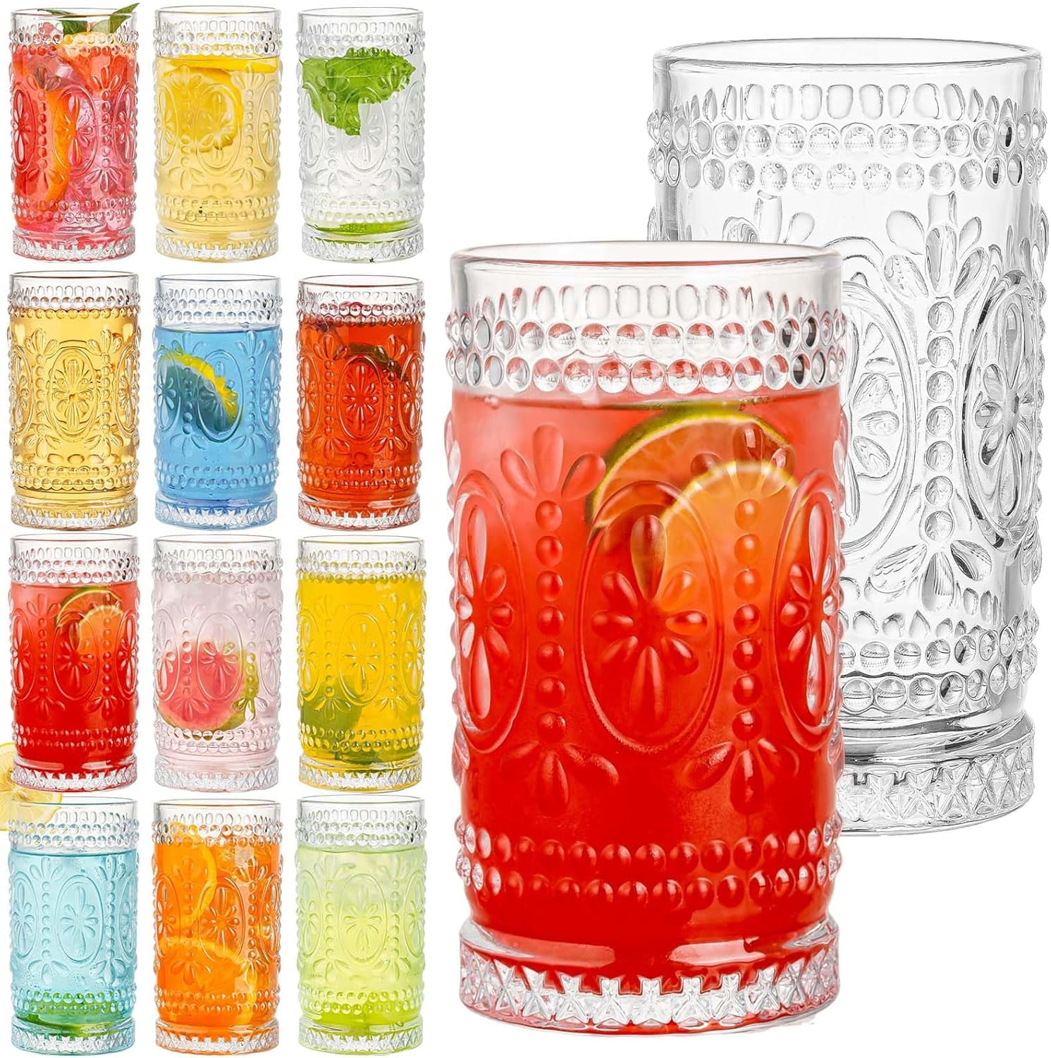 Glass cups, vintage drinking cups, 12 romantic highball cups, tall ...