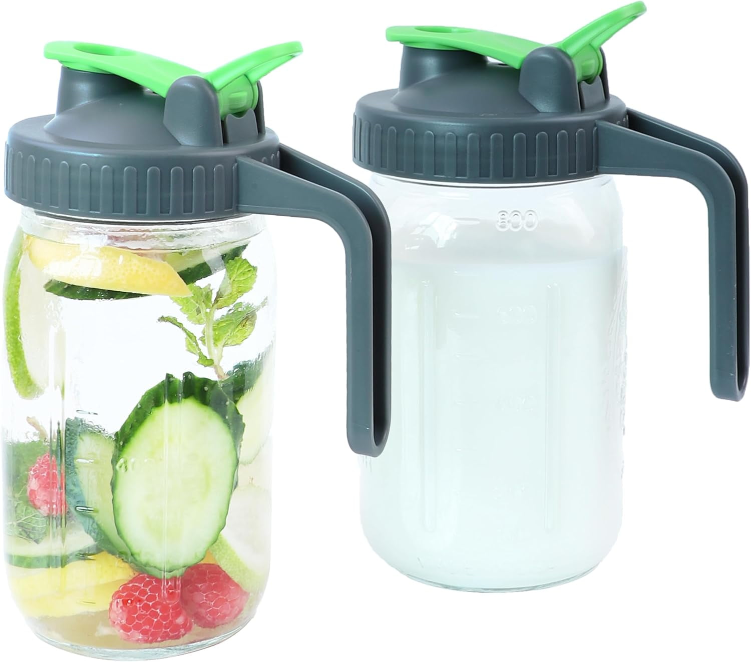 Glass mason jars, pitchers, wide-mouth jugs with top flaps and pour ...