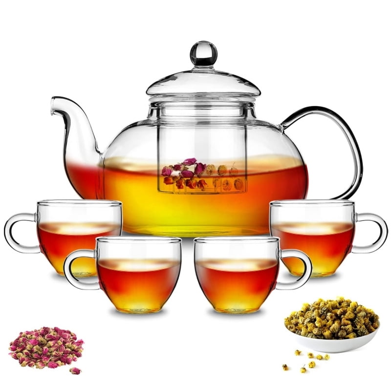 Glass teapot with infuser, plus 4 cups, 33.8 oz. (1000 ml) glass teapot ...