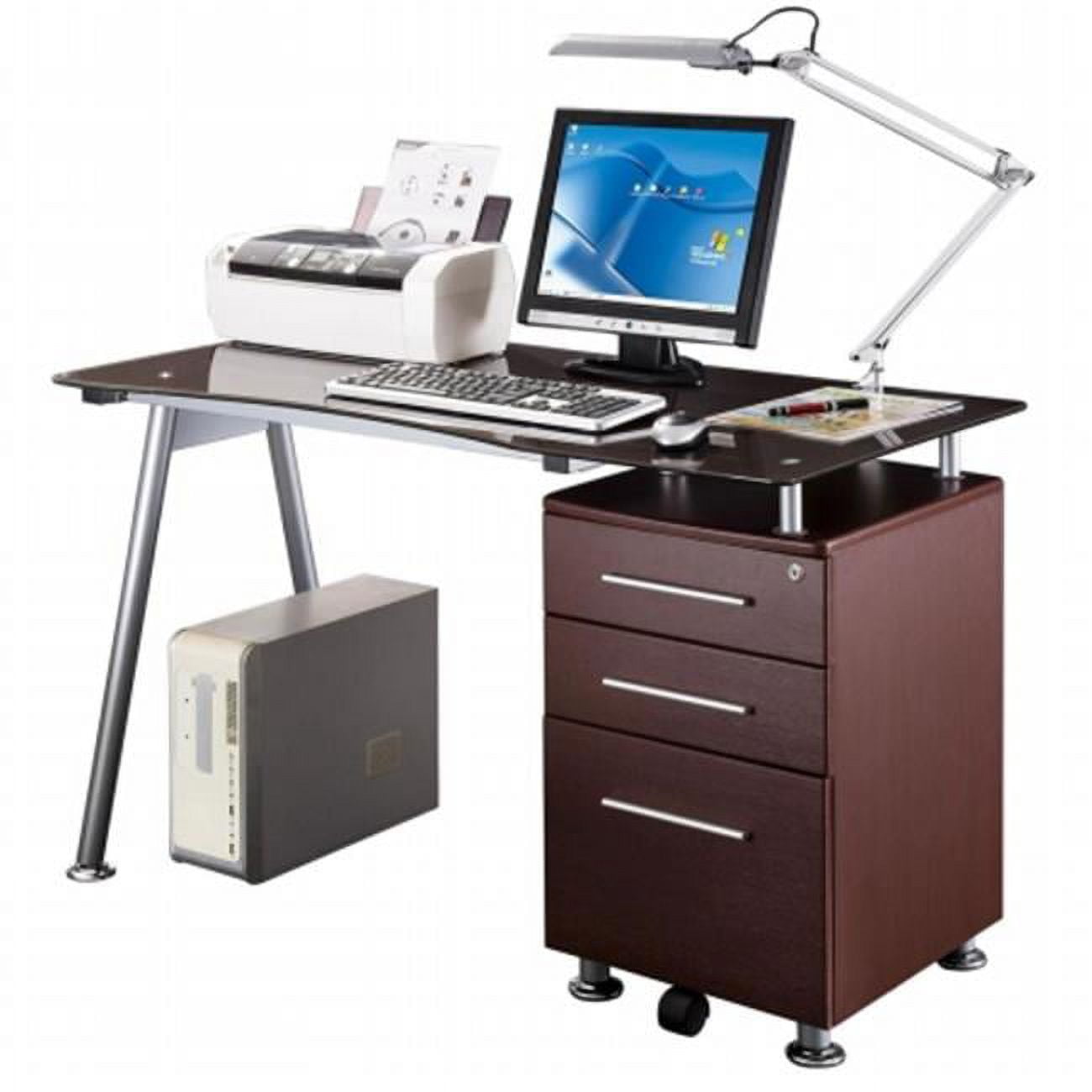Glass-top Desk with Built-in File Cabinet - Chocolate - Walmart.com