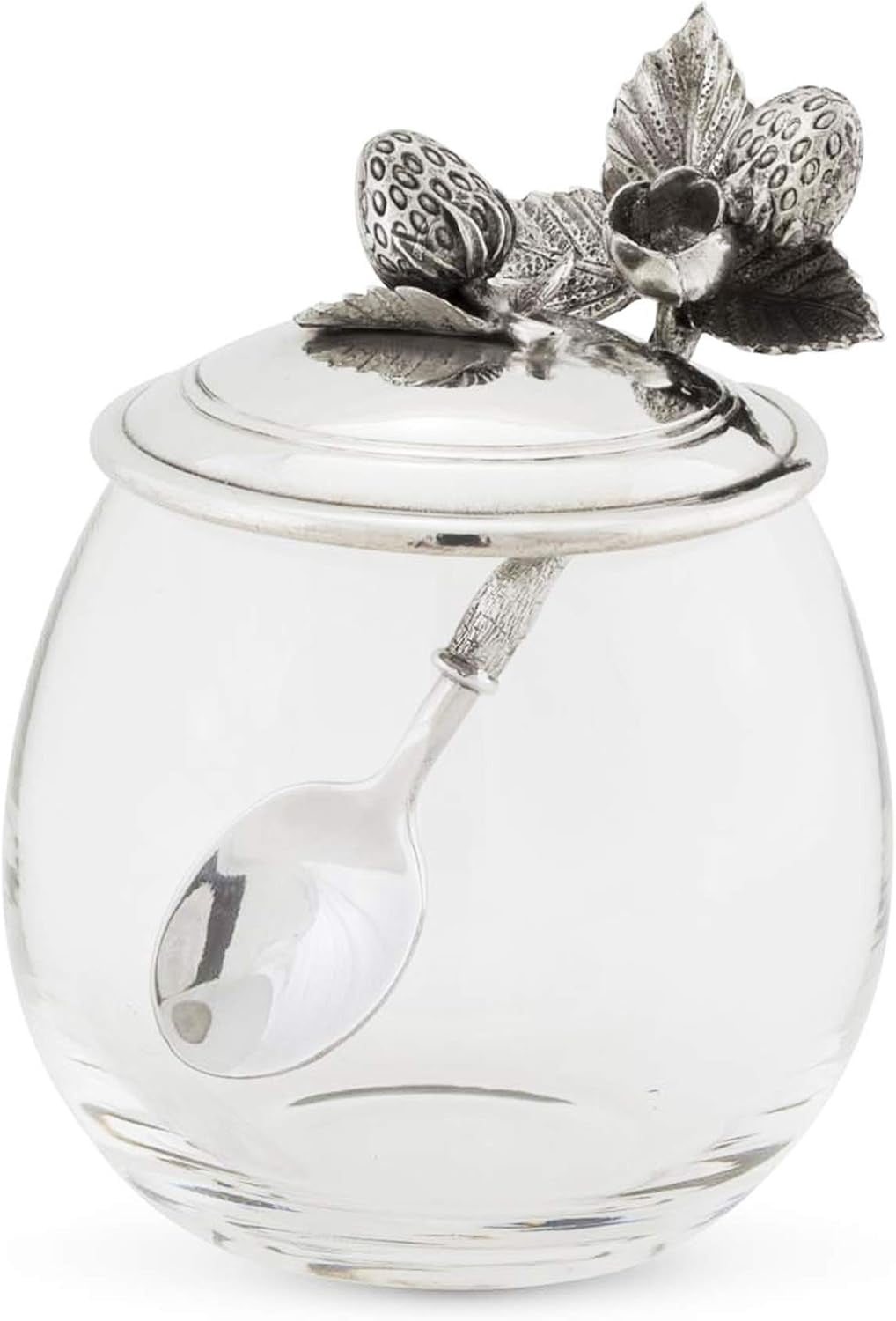 Glass with Pewter Metal Strawberry Jam Jar Jelly with Lid Serving Spoon ...