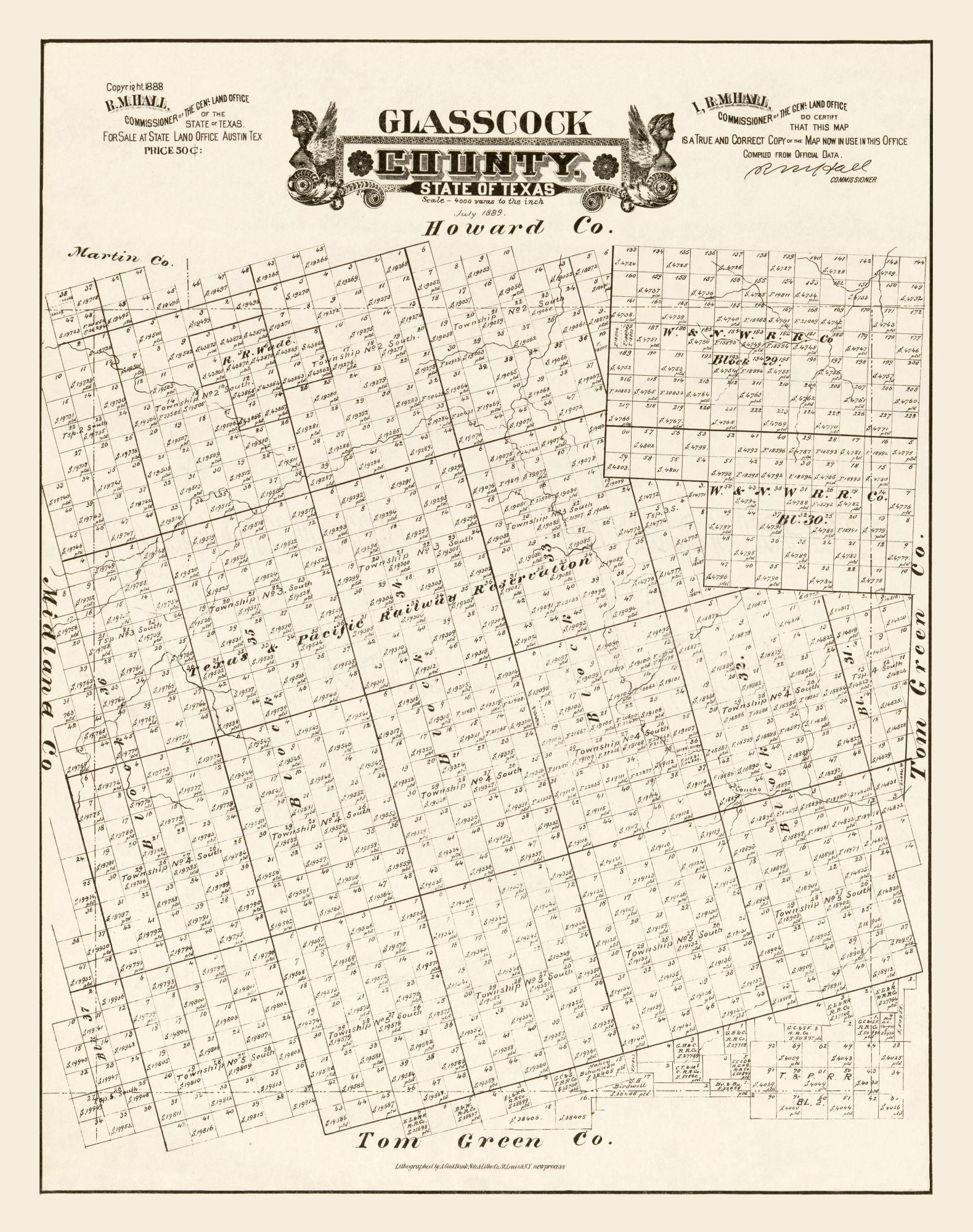 Historic County Map - Glasscock County Texas - Hall 1889 - 23 x 29.13 ...