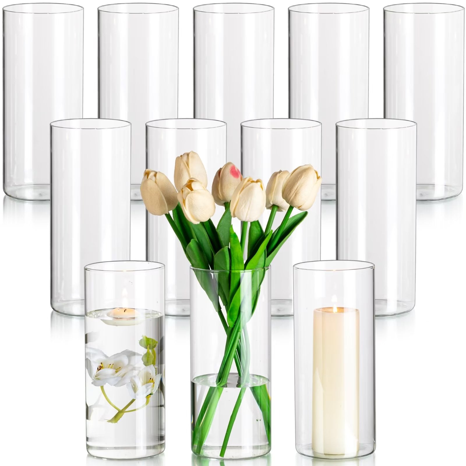 Glasseam 12 Set Tall Hurricane Glass Cylinder Vases, 3.3x8 Inch Clear ...